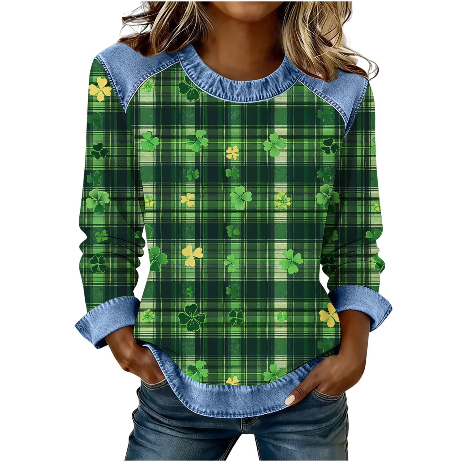 Aoochasliy Women's Top St. Patrick's Day Printed Denim Patchwork Waffle ...