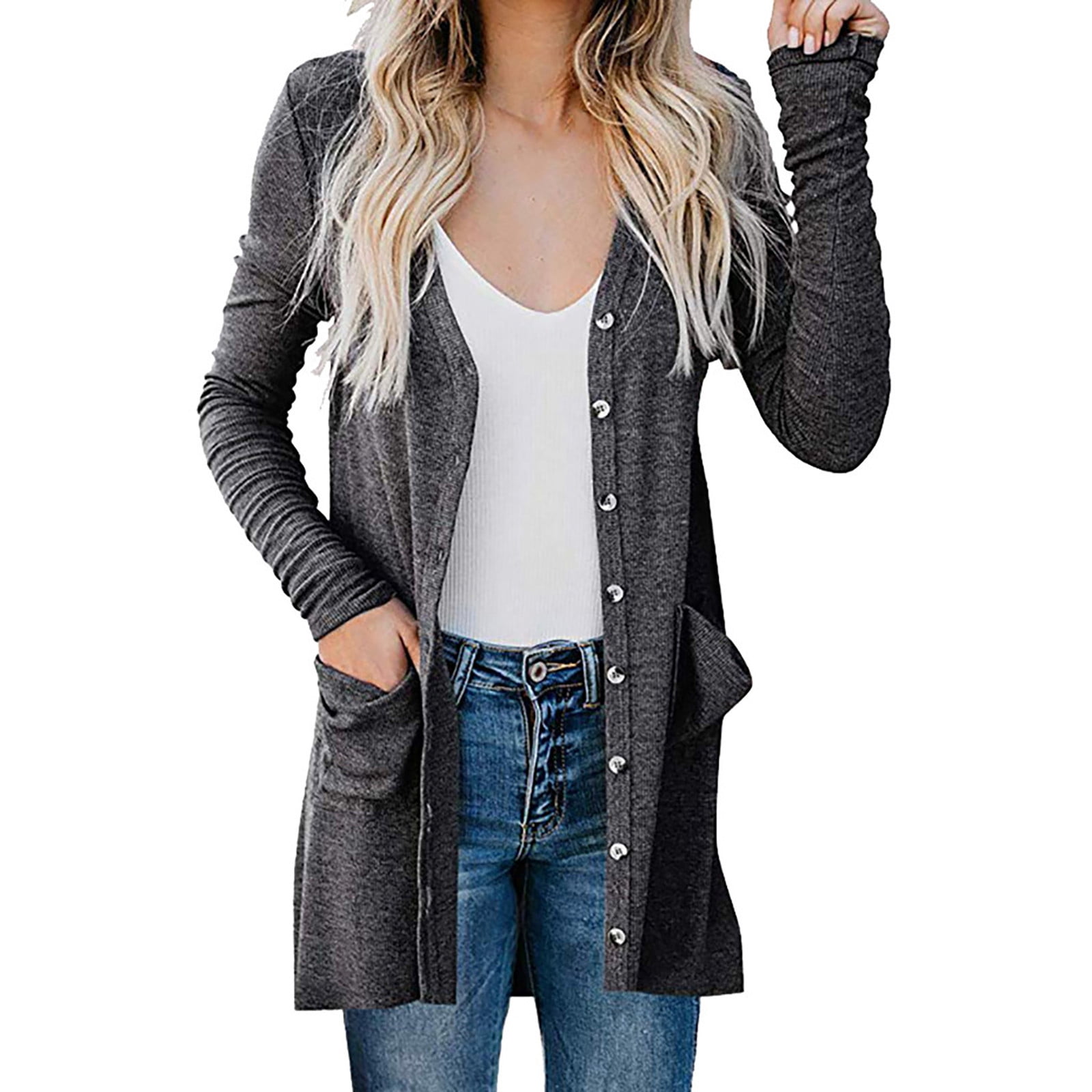 Aoochasliy Womens Cardigan Clearance Cardigan Solid Long Sleeve Pocket ...