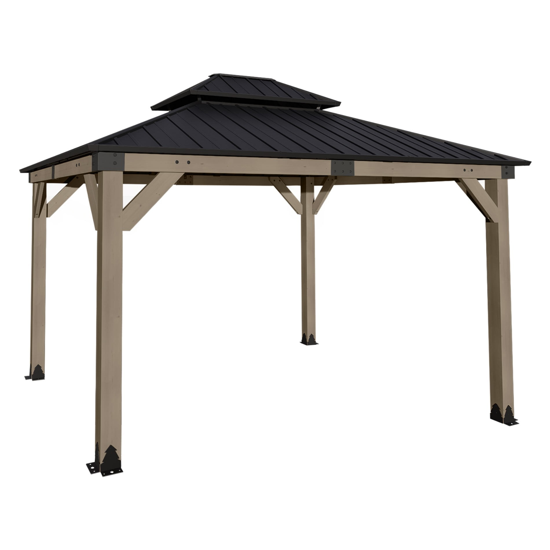 Aoodor 12x14ft Light Grey Cedar Wooden Gazebo, 2-Tier Galvanized Steel ...