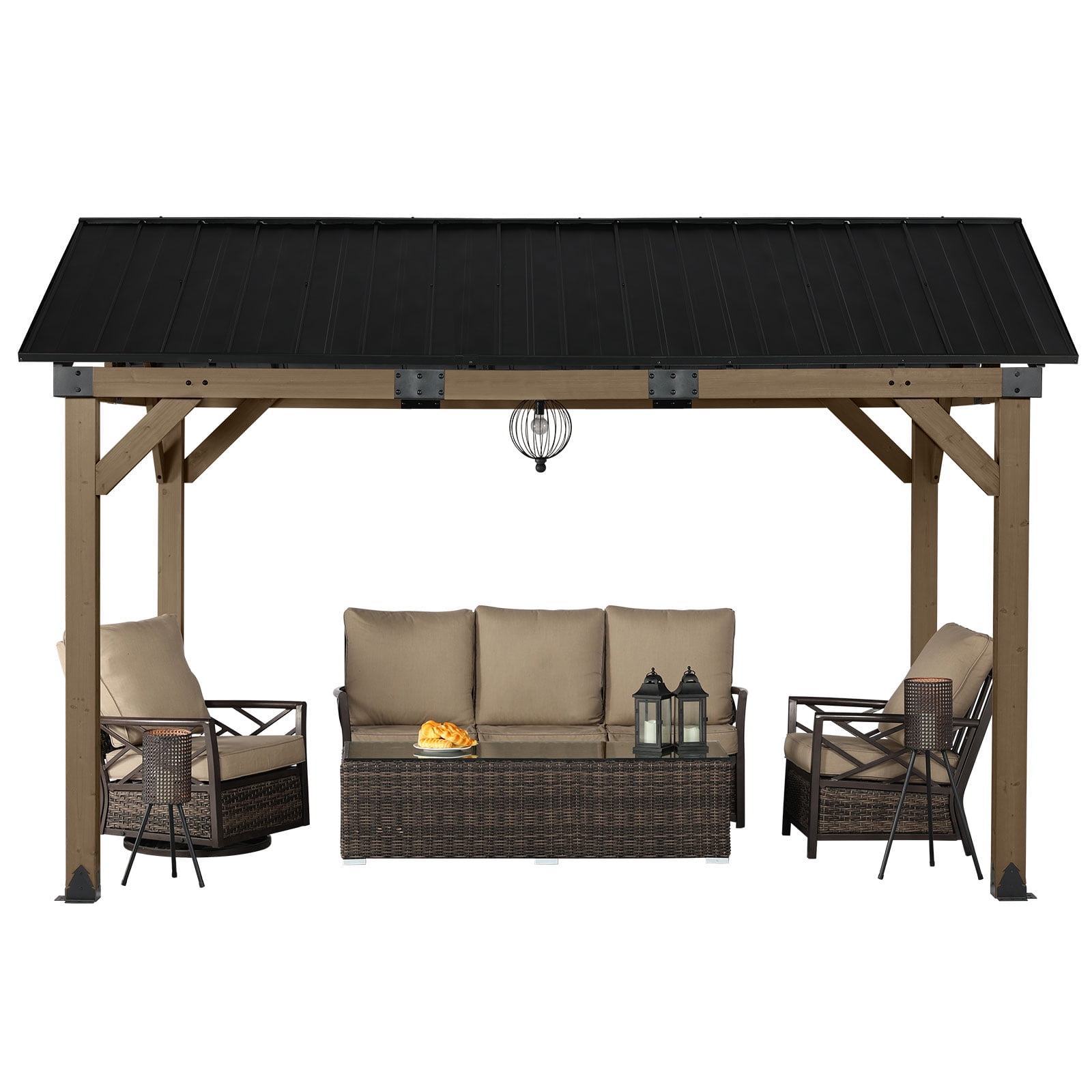 Aoodor 12' x 14' Cedar Wood Gazebo, Single Galvanized Steel Roof ...