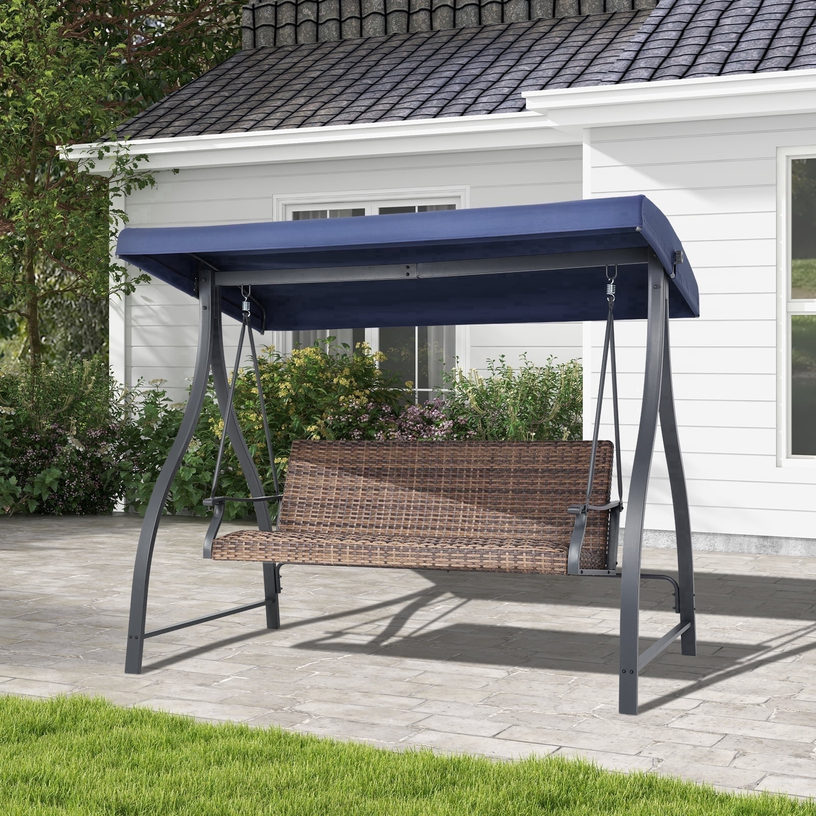 Aoodor 3-Seat Outdoor Rattan Patio Swing with Adjustable Brown Canopy ...
