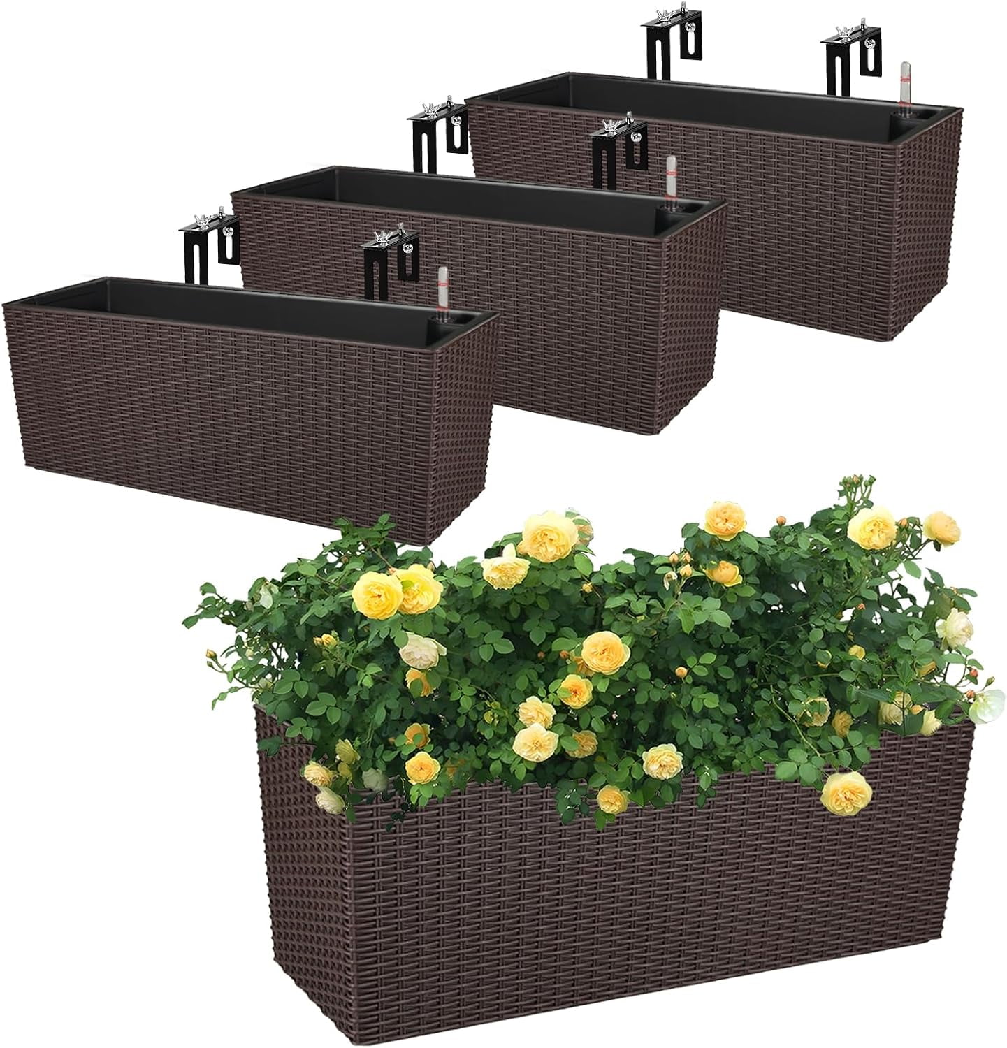 Aoodor 4Pcs 19.5" Rectangular Window Box Wall Mount/Railing Planter, Self-Watering Planter with ...