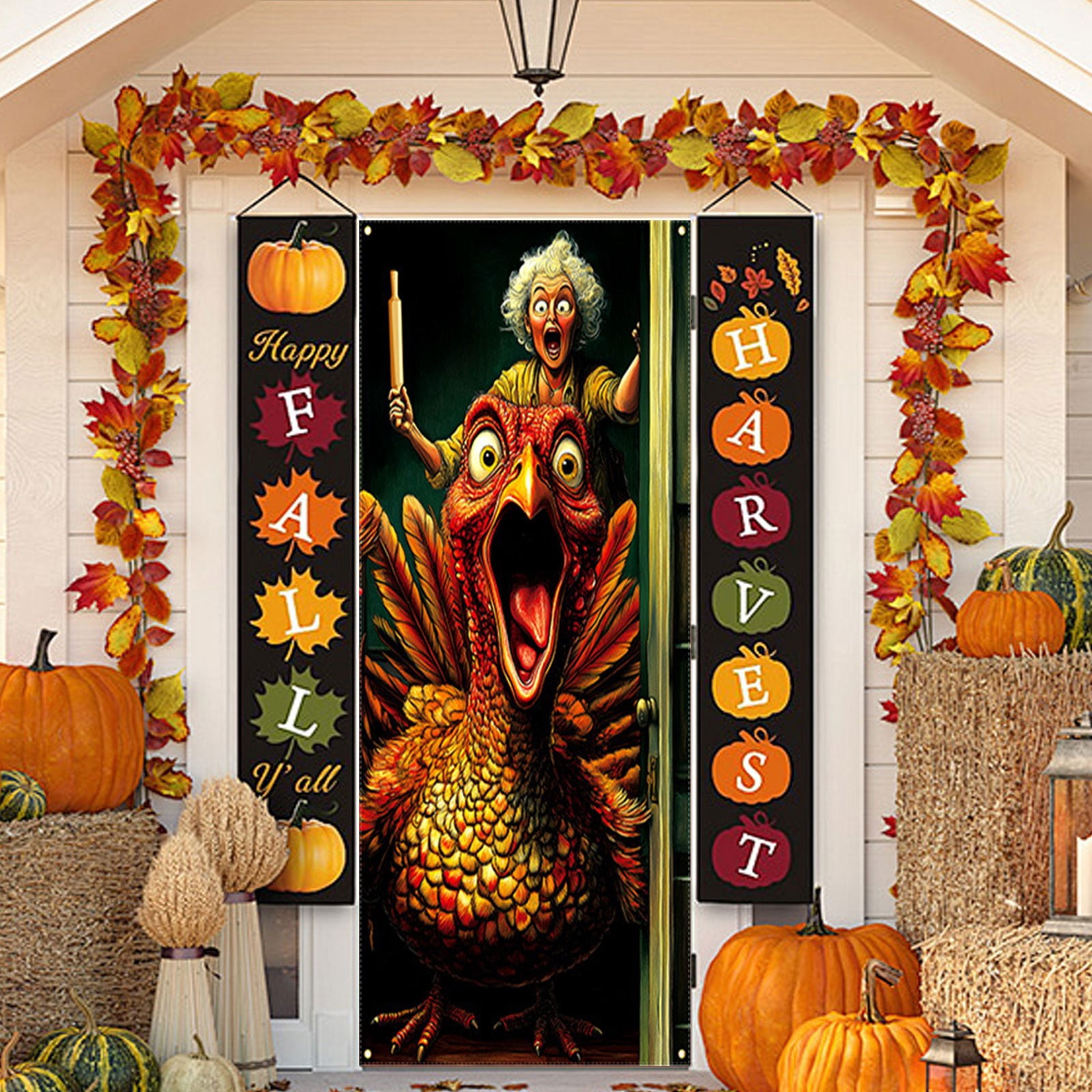 Aooww 35x71in Happy Thanksgiving Banner Door Cover, Fall Harvest Turkey ...