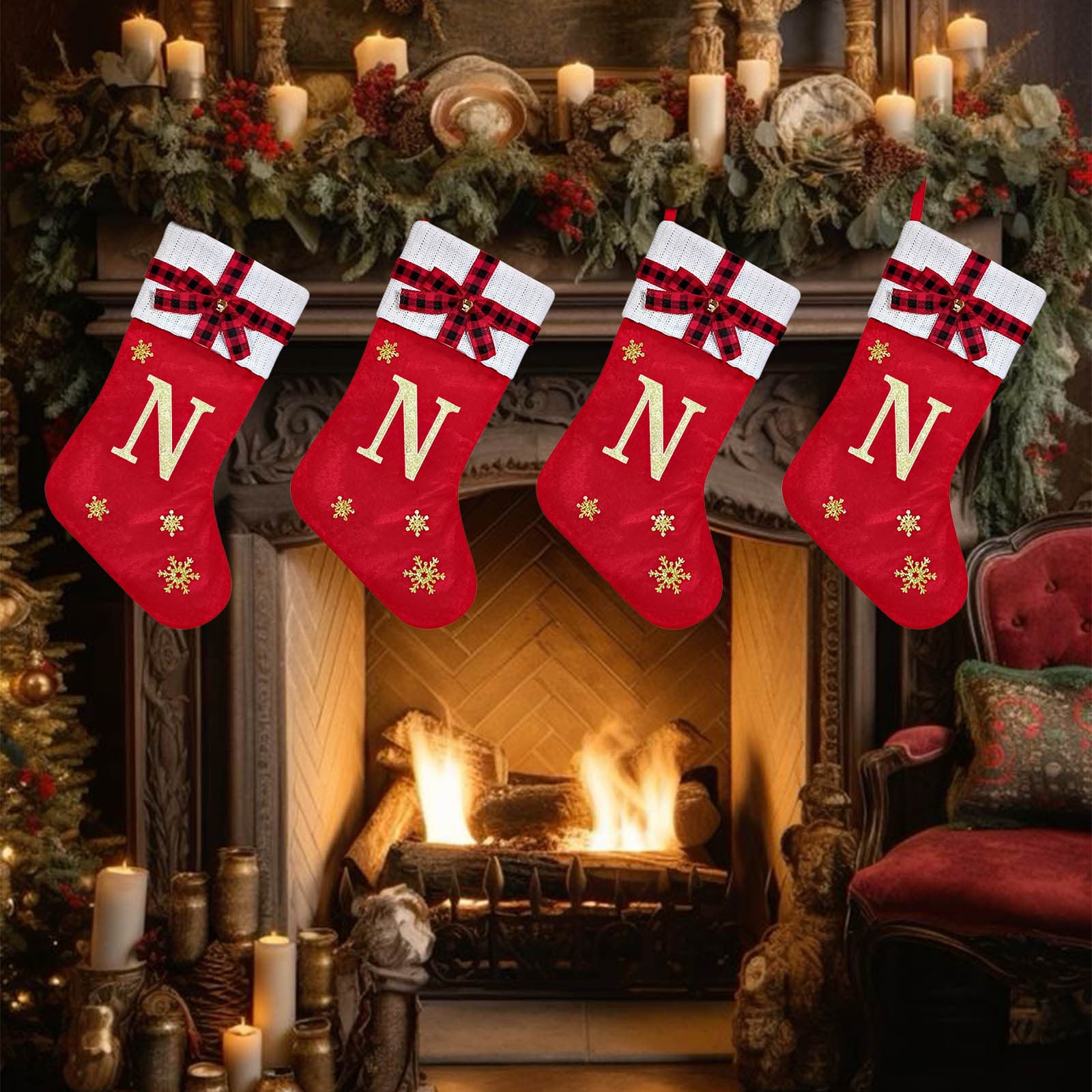 Aooww Red Christmas Stockings with Initial, Embroidered Monogram Plush ...