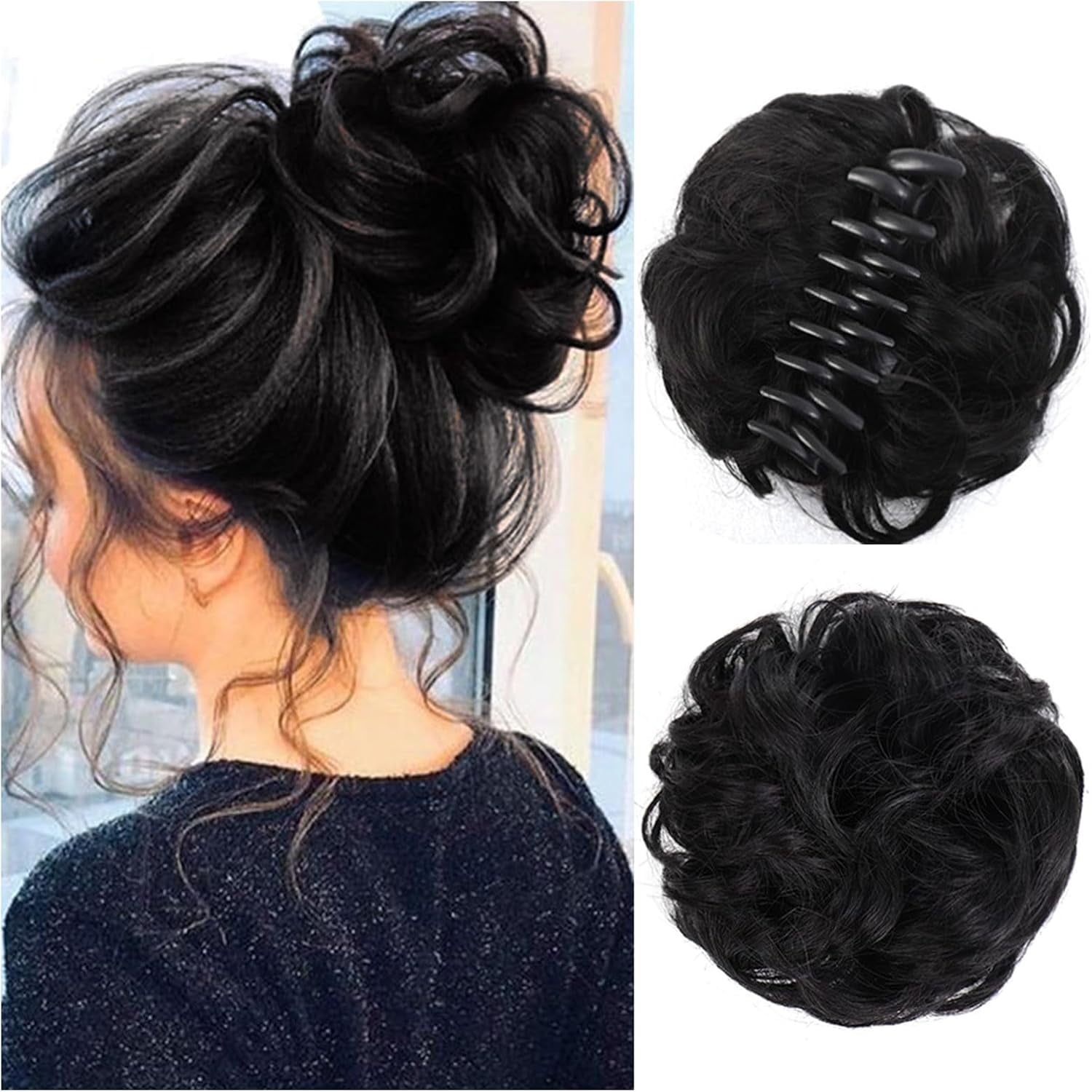 Aorsher Black Claw Clip Messy Bun Wavy Curly Hair Piece Chignon ...