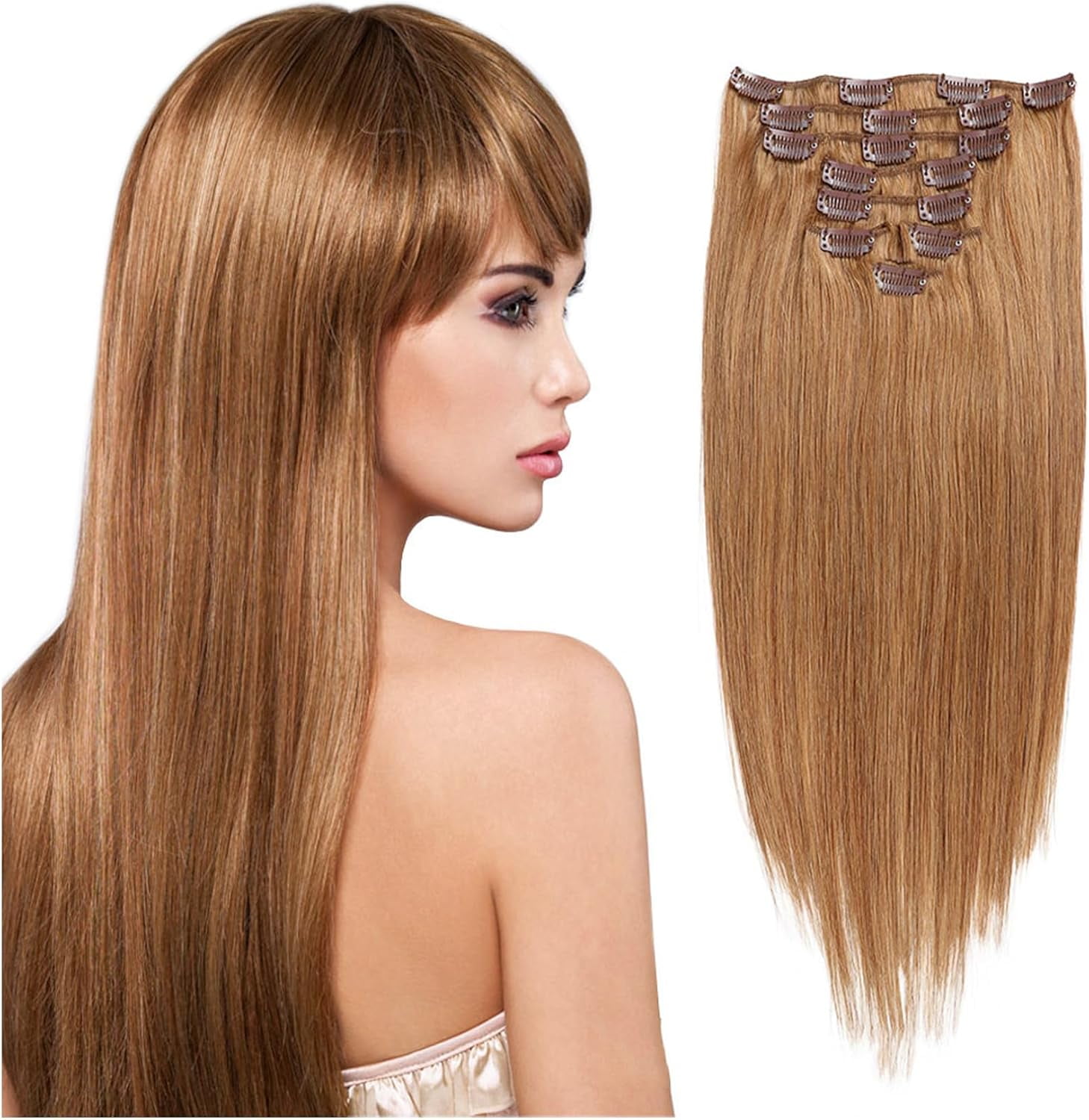 Aorsher Clip in Hair Extensions Human Hair, 7Pcs Golden Brown Double ...