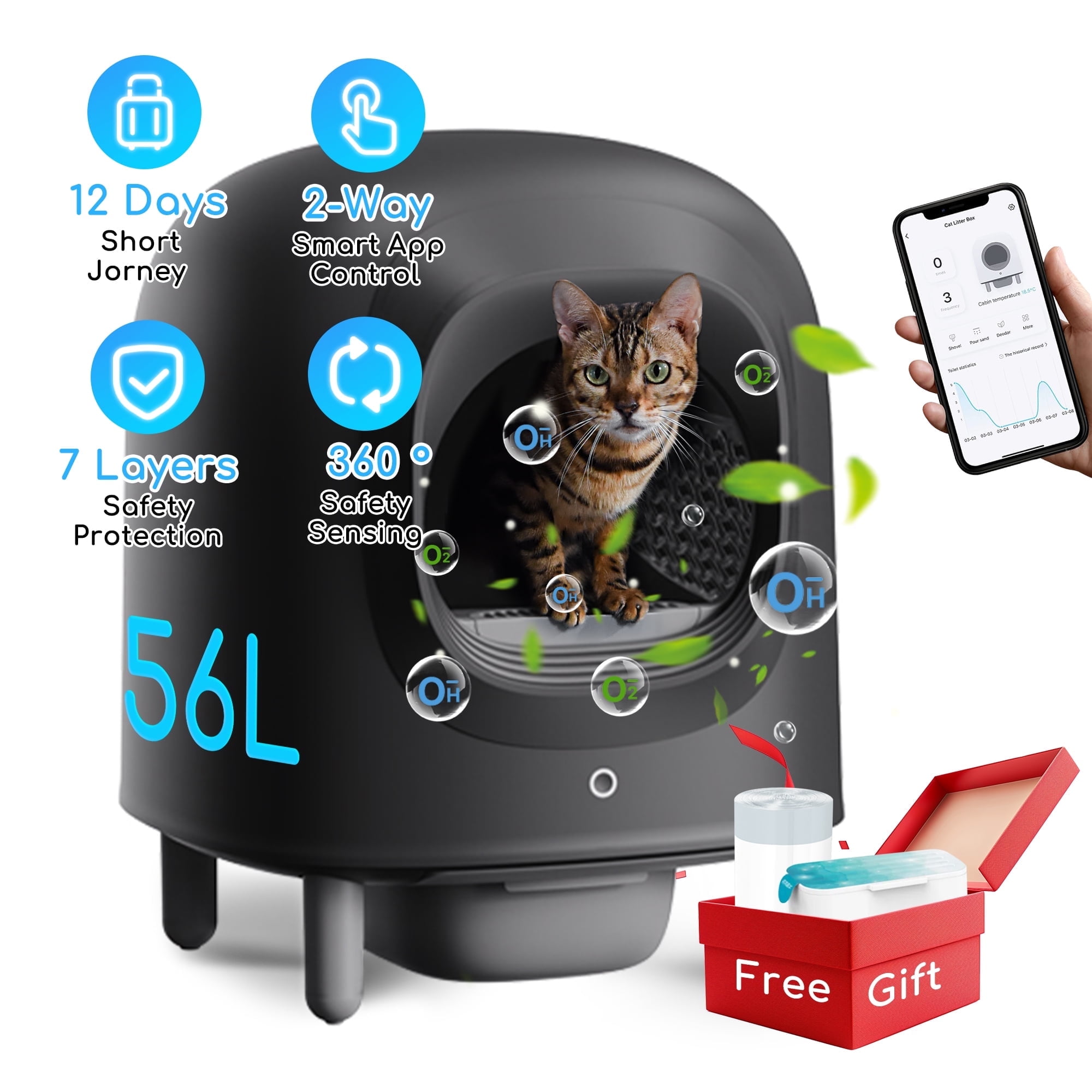 Aoruefar Automatic Self-Cleaning Cat Litter Box with Odor Removal, WiFi ...