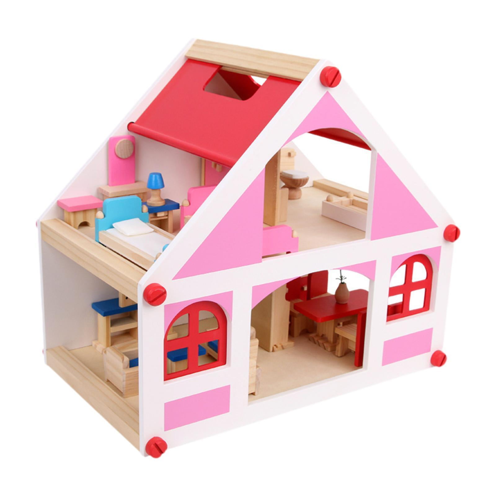 Aosekaa Wooden Doll House with Furniture Playhouse Craft Imagination ...