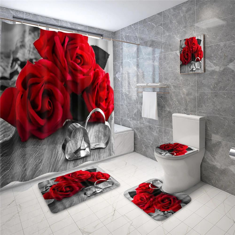 Aosijia 4 Pcs Bathroom Sets with Shower Curtain and Rugs, Water Rose ...