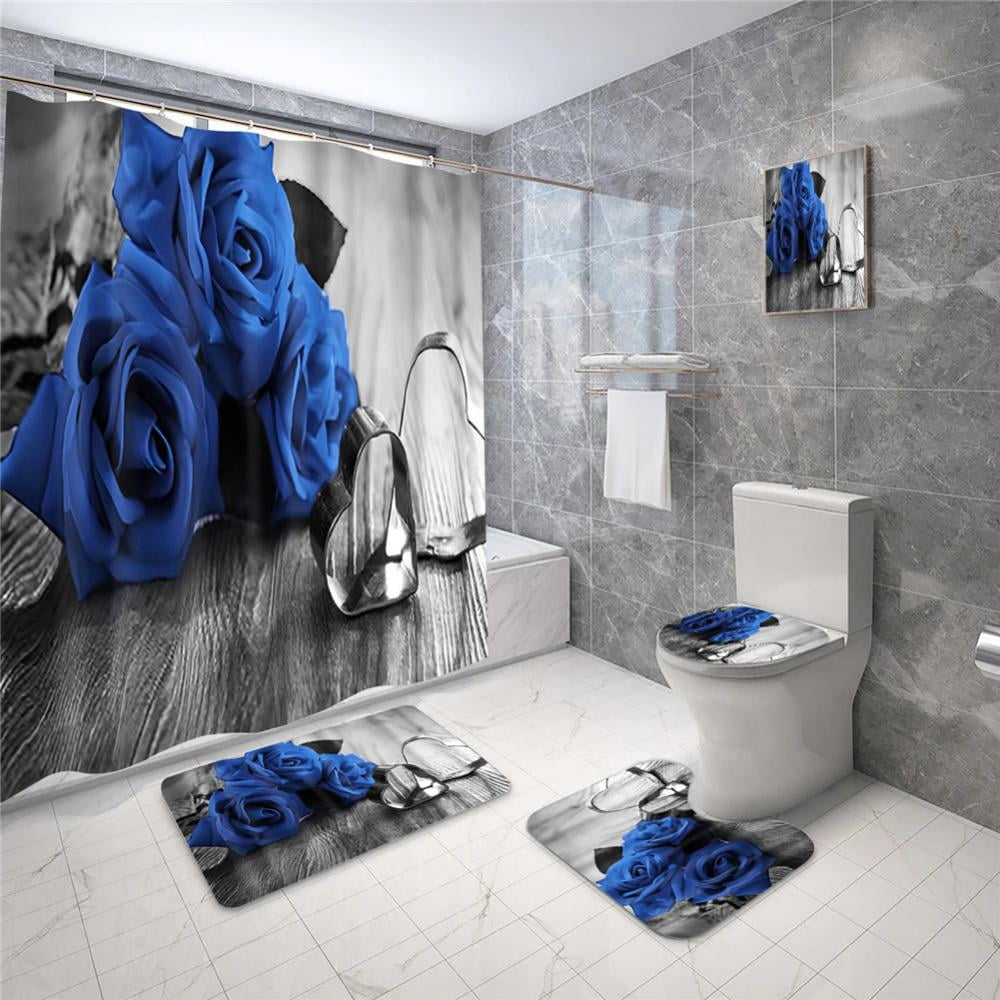 Aosijia 4 Pcs Bathroom Sets with Shower Curtain and Rugs, Water Rose ...