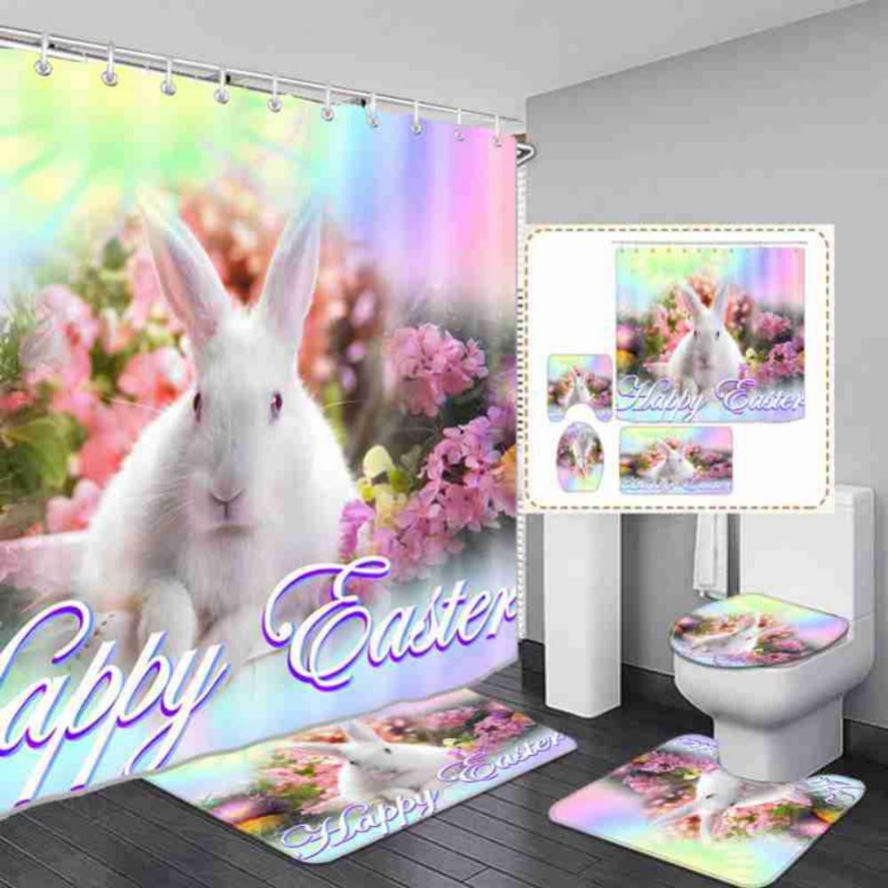 Aosijia 4 Pcs Easter Shower Curtain Bunny Rabbit Easter Bathroom Shower ...
