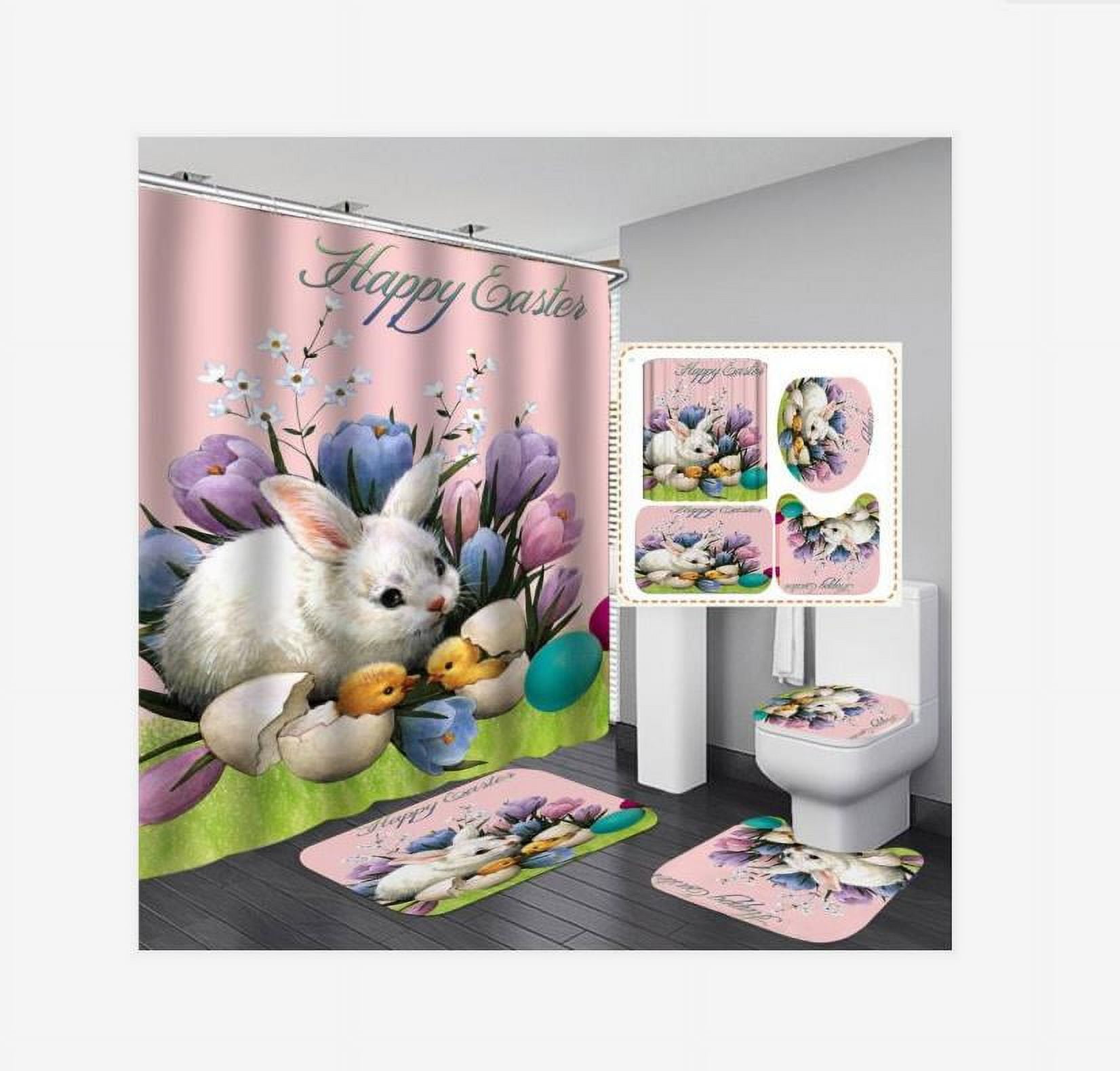 Aosijia 4 Pcs Easter Shower Curtain Bunny Rabbit Easter Bathroom Shower ...