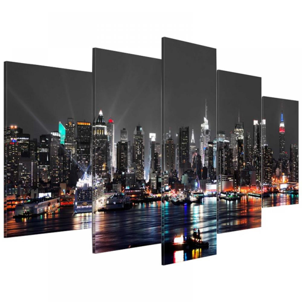 Aosijia City Decorative Painting Canvas Wall Art Night View 5 Panels ...