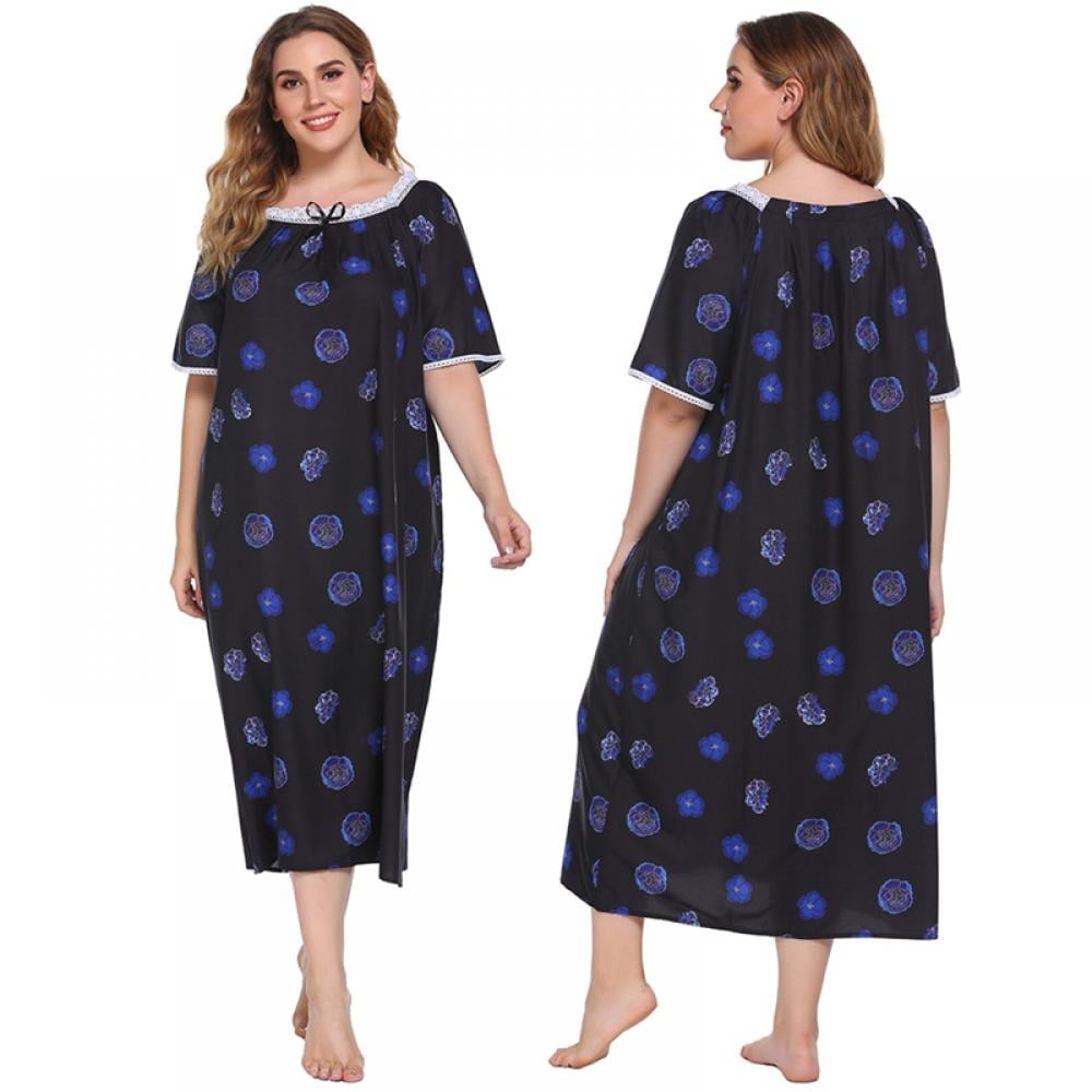 Aosijia Nightgowns for Women Plus Size Long Floral Print Sleepwear Casual Square Neck Nightshirt ...