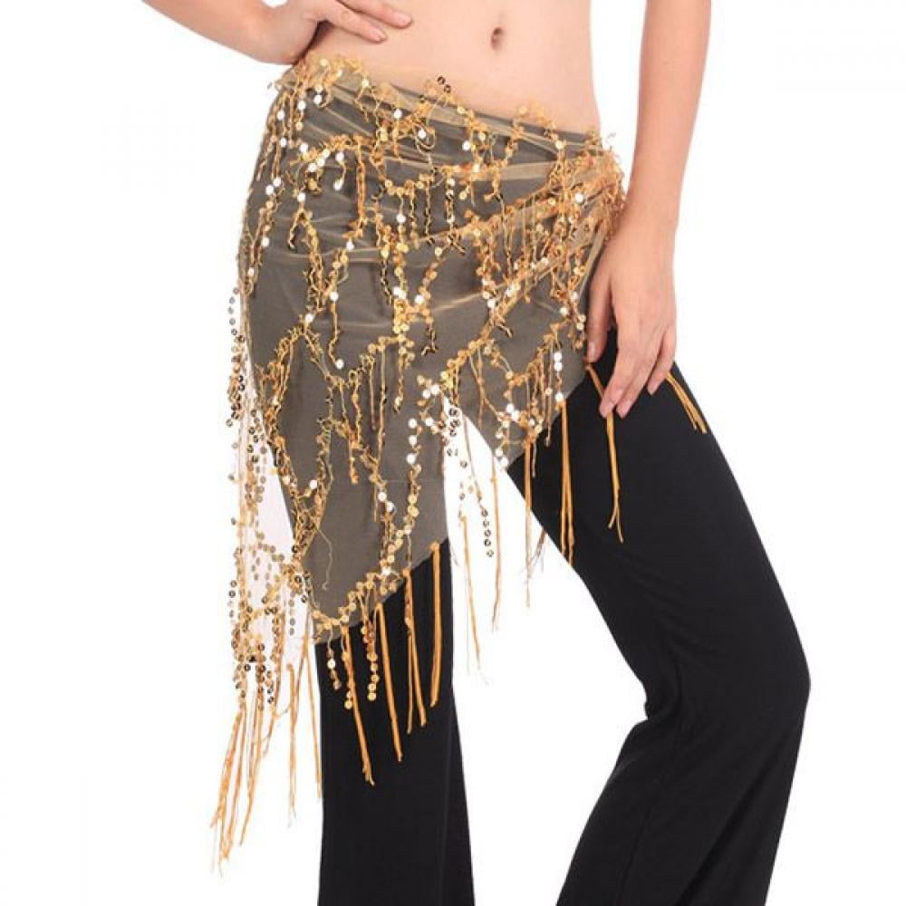 Aosijia Women Belly Dance Hip Scarf Sequin Tassels Mesh Triangle Wrap Skirt Festival Party Rave ...