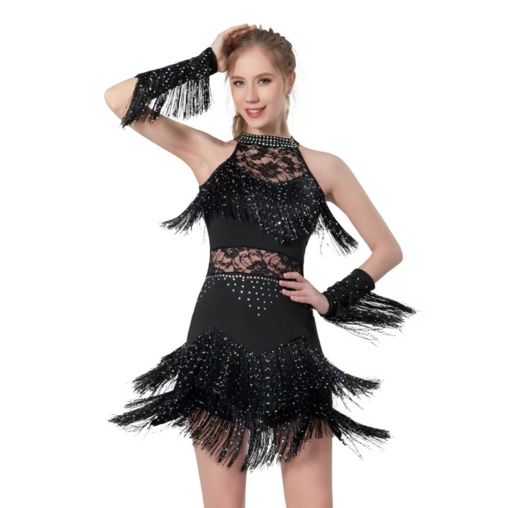 Aosijia Womens Dance Dress Sleeveless Lace Rhinestone Sequin Fringe ...