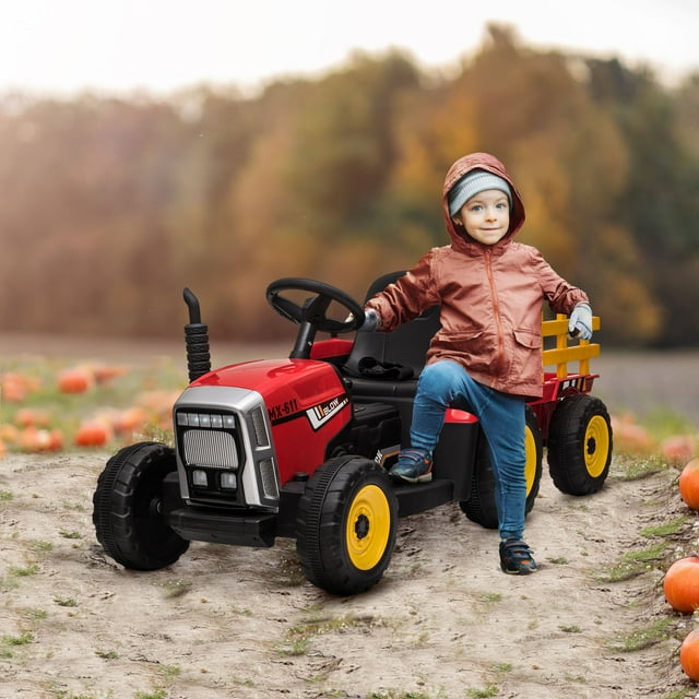 Aosom 12V Kids Ride-On Electric Tractor with Trailer, Battery Powered ...