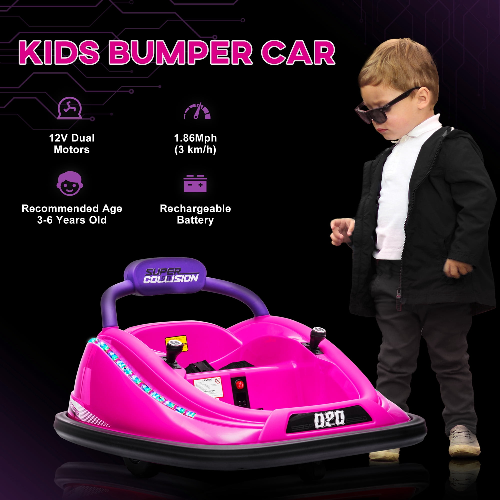 Aosom 12V Toddler Bumper Car Remote Control, Pink, 360° Rotation Kids ...