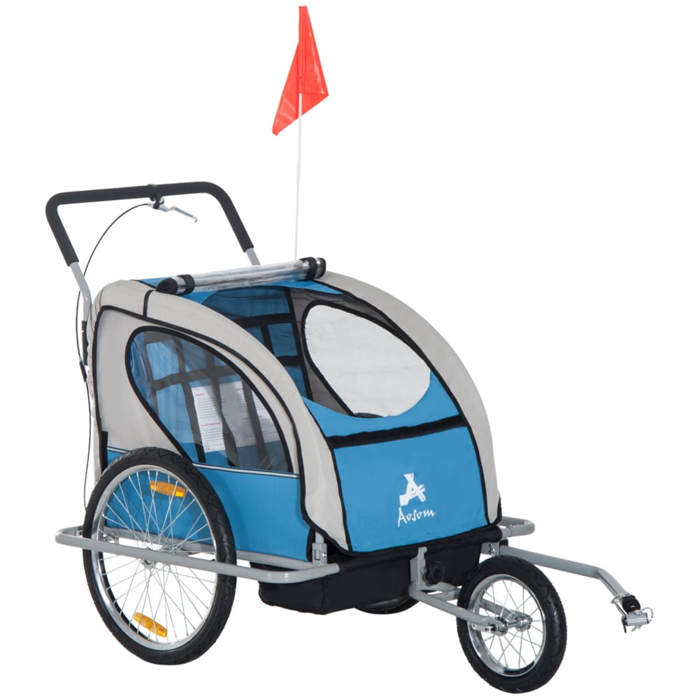 Aosom Elite 3-Wheel Bike Trailer 2-Seater Safety Harnesses Storage Blue ...