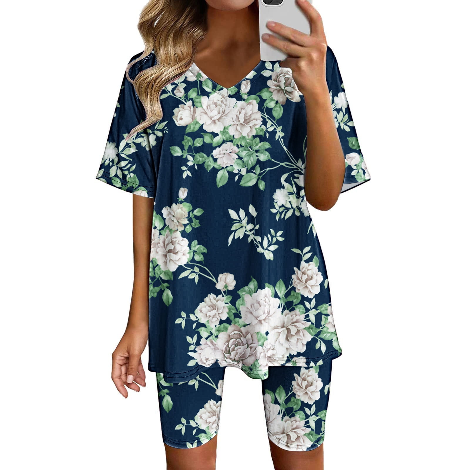 Aoujea 2 Piece Outfits for Women Plus Size Short Sleeve V-neck Tops ...