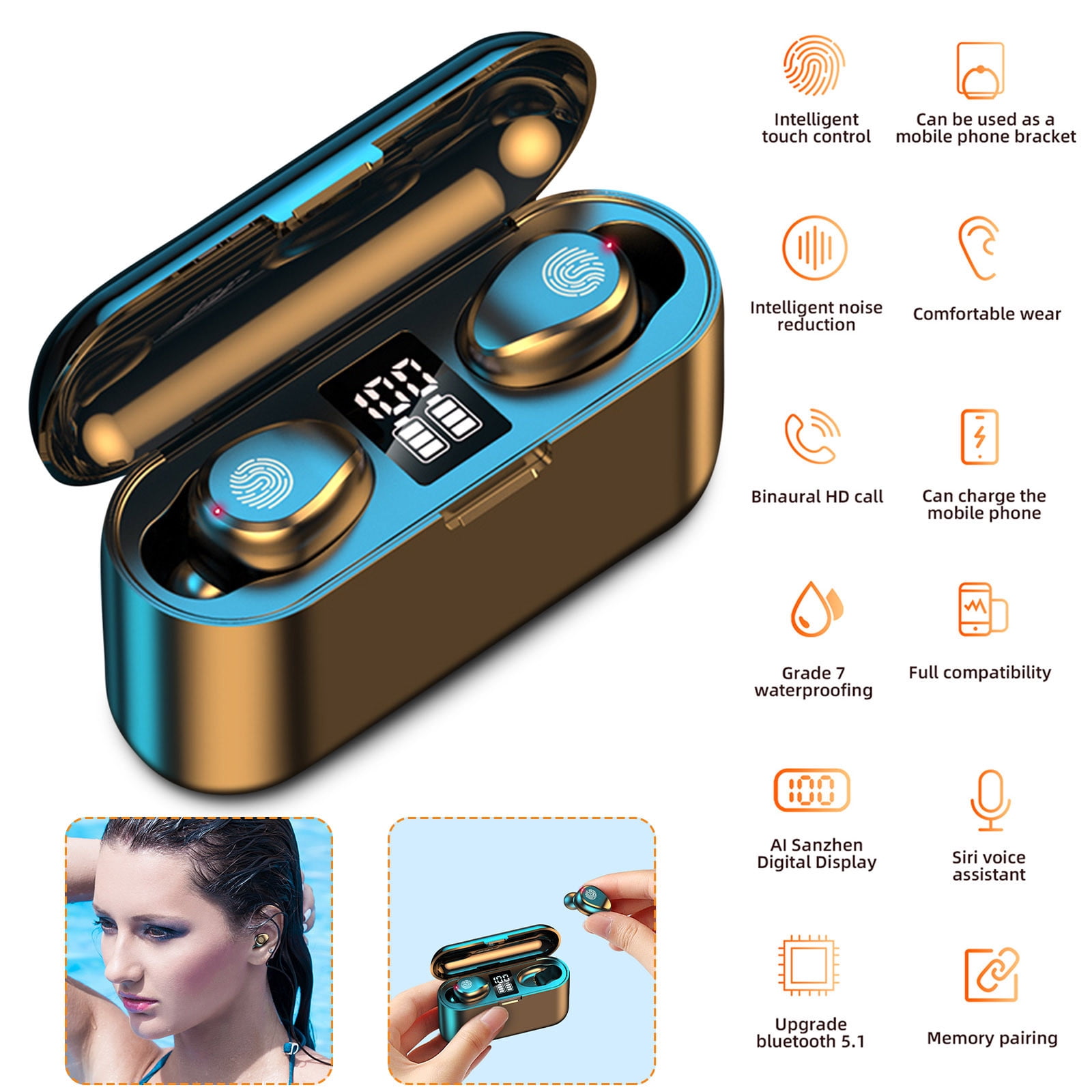 Aoujea Ear Buds Wireless Bluetooth Earbuds Fingerprint Headset In-ear ...