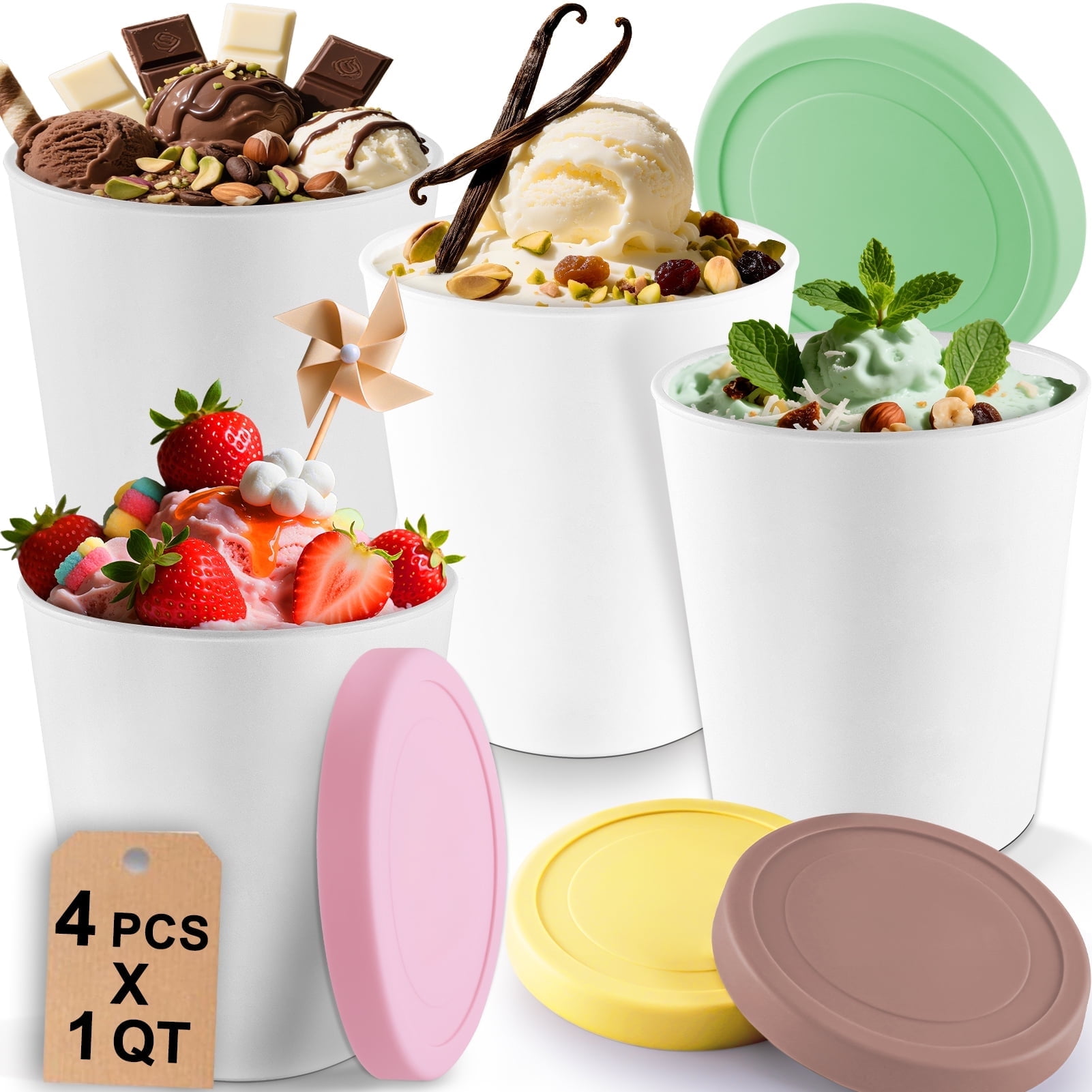 Aovky Reusable Ice Cream Containers with Silicone Lids, 4 Pack, 1 Quart ...