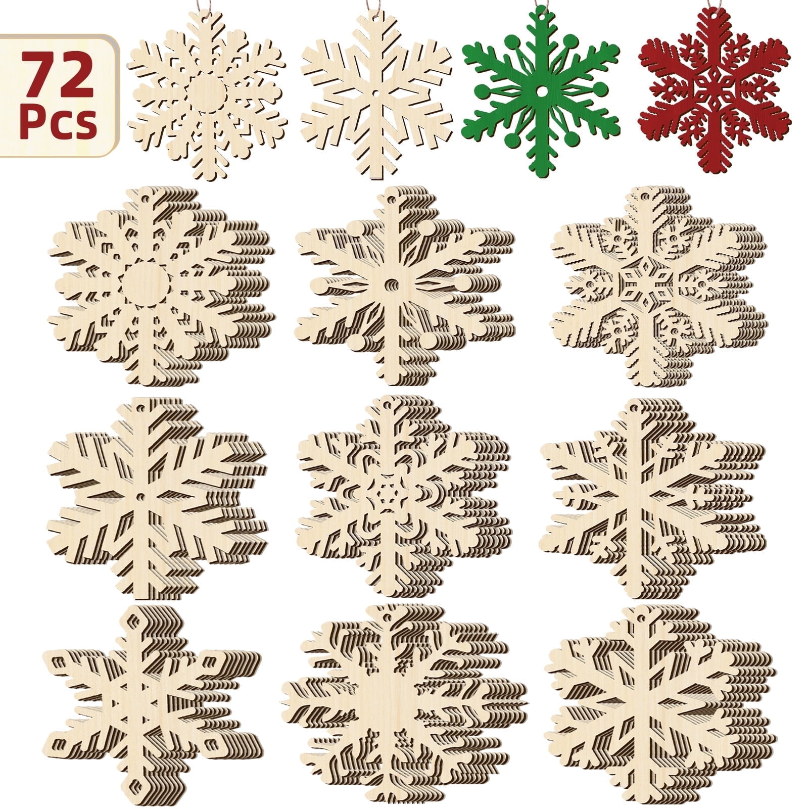 Aovky 72 Pcs Wooden Christmas Snowflakes Ornaments for Crafts, 9 Design ...