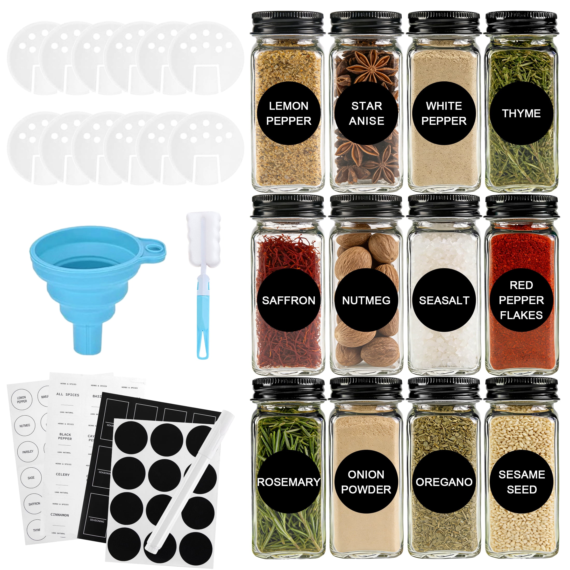 Aovky Spice Jars with Label, 12pcs 4oz Glass Square Spice Containers ...