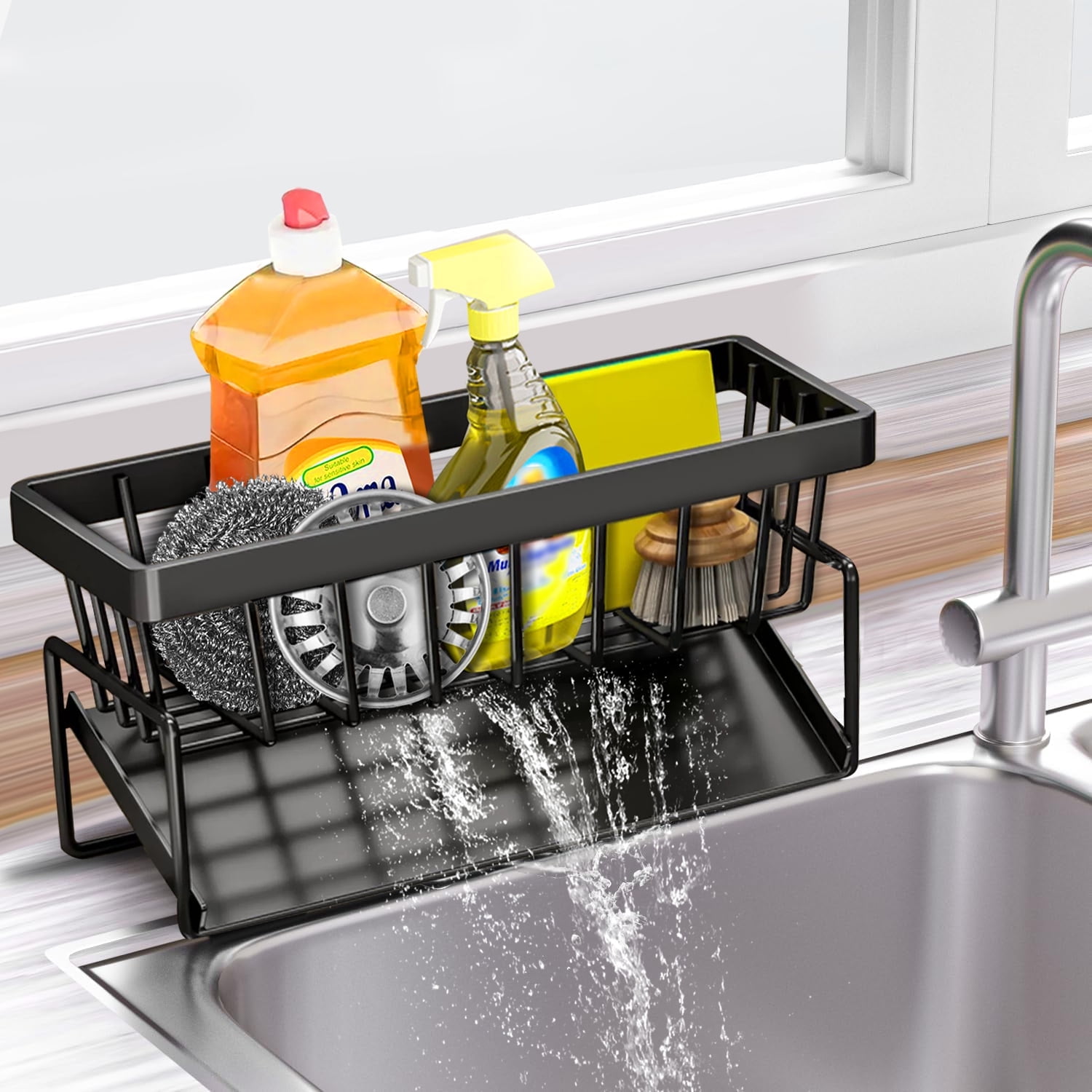 Aovky Sponge Holder for Kitchen Sink, Self Drain Kitchen Sink Caddy Organizer, Soap Dispenser ...