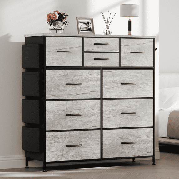 Aowos 10-Drawer Tall Dresser with Fabric Drawers, Oak Storage Cabinet ...