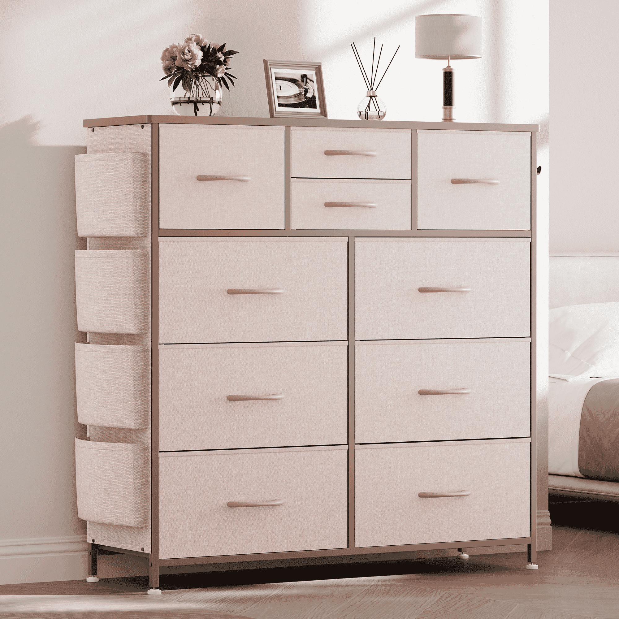 Aowos 10 Drawer Fabric Dresser for Bedroom, Chest of Drawers Organizer ...