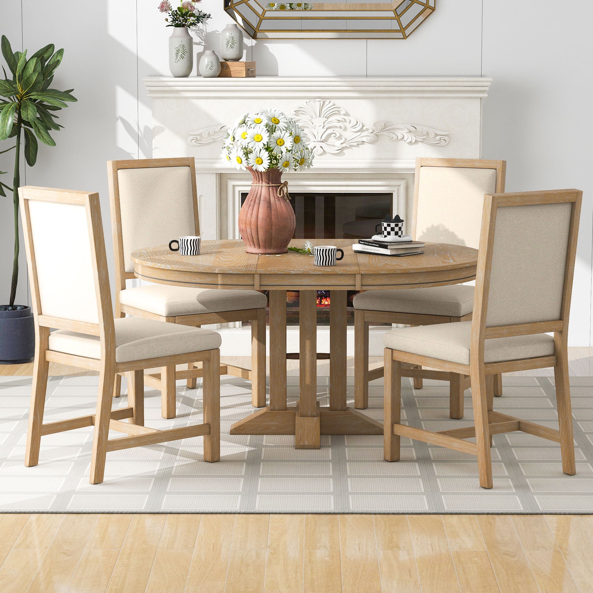 Aowos 5-Piece Dining Set Extendable Round Table and 4 Upholstered ...