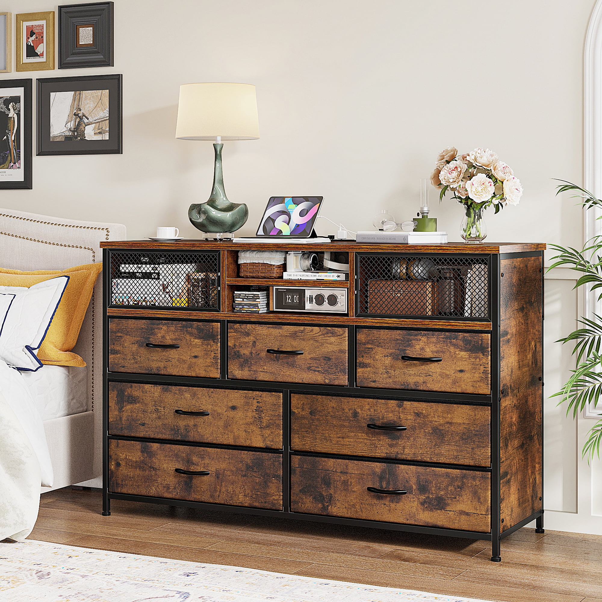 Aowos Dresser TV Stand with 4 Drawers Dressers for Bedroom, Black Long ...