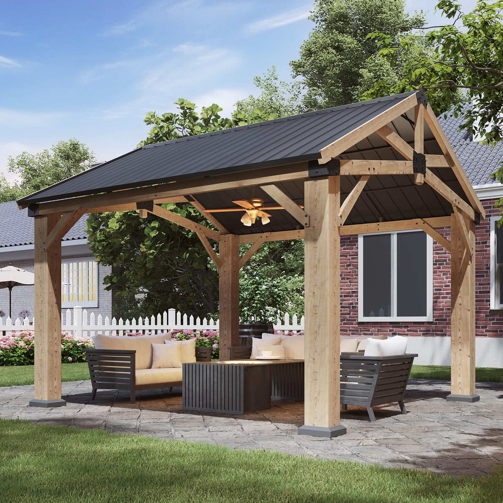 Aoxun 10' x 12' Outdoor Wood Gazebo, Hardtop Gazebo Permanent Wooden ...