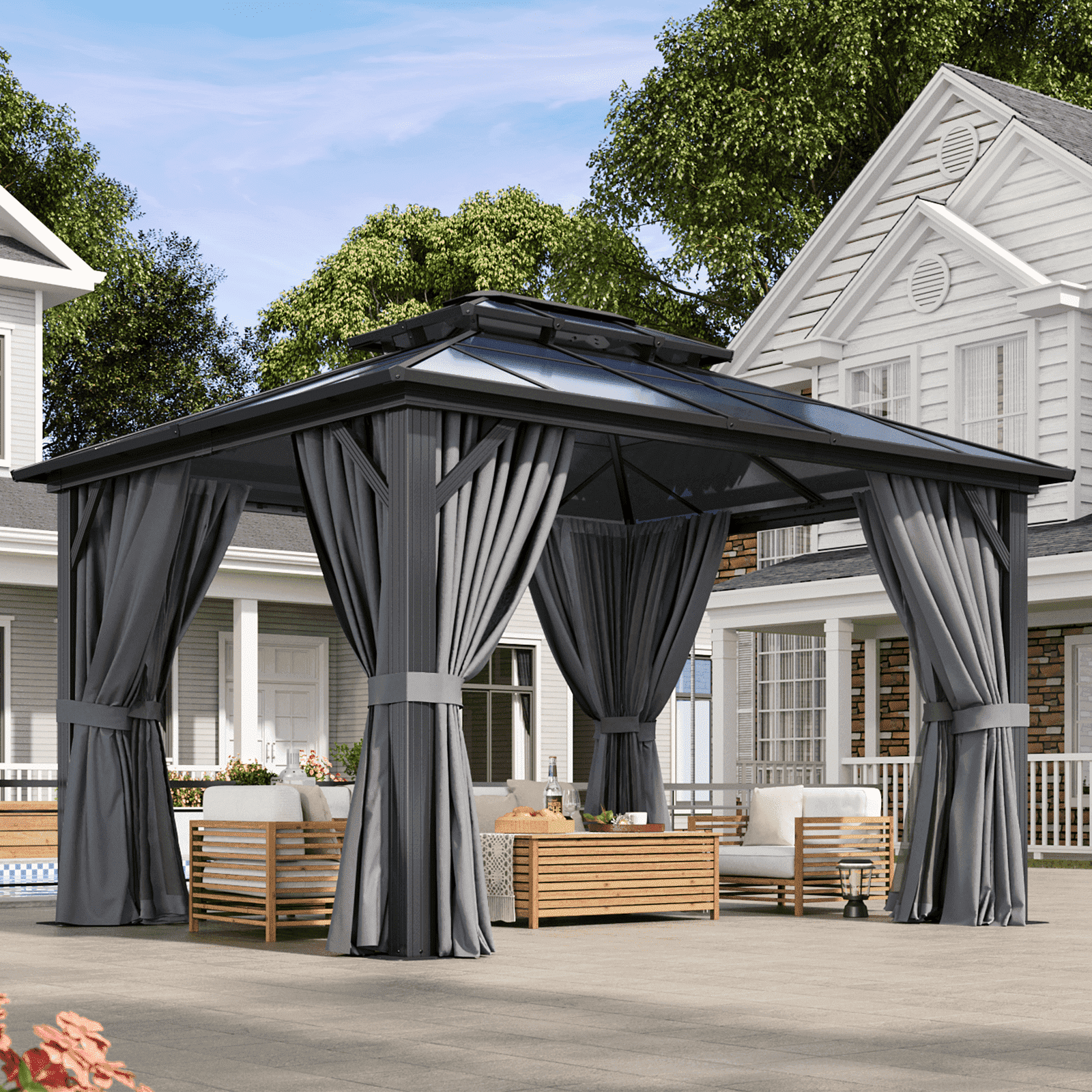 Aoxun 10'x12' Hardtop Gazebo, Aluminum Frame Permanent Pavilion with ...
