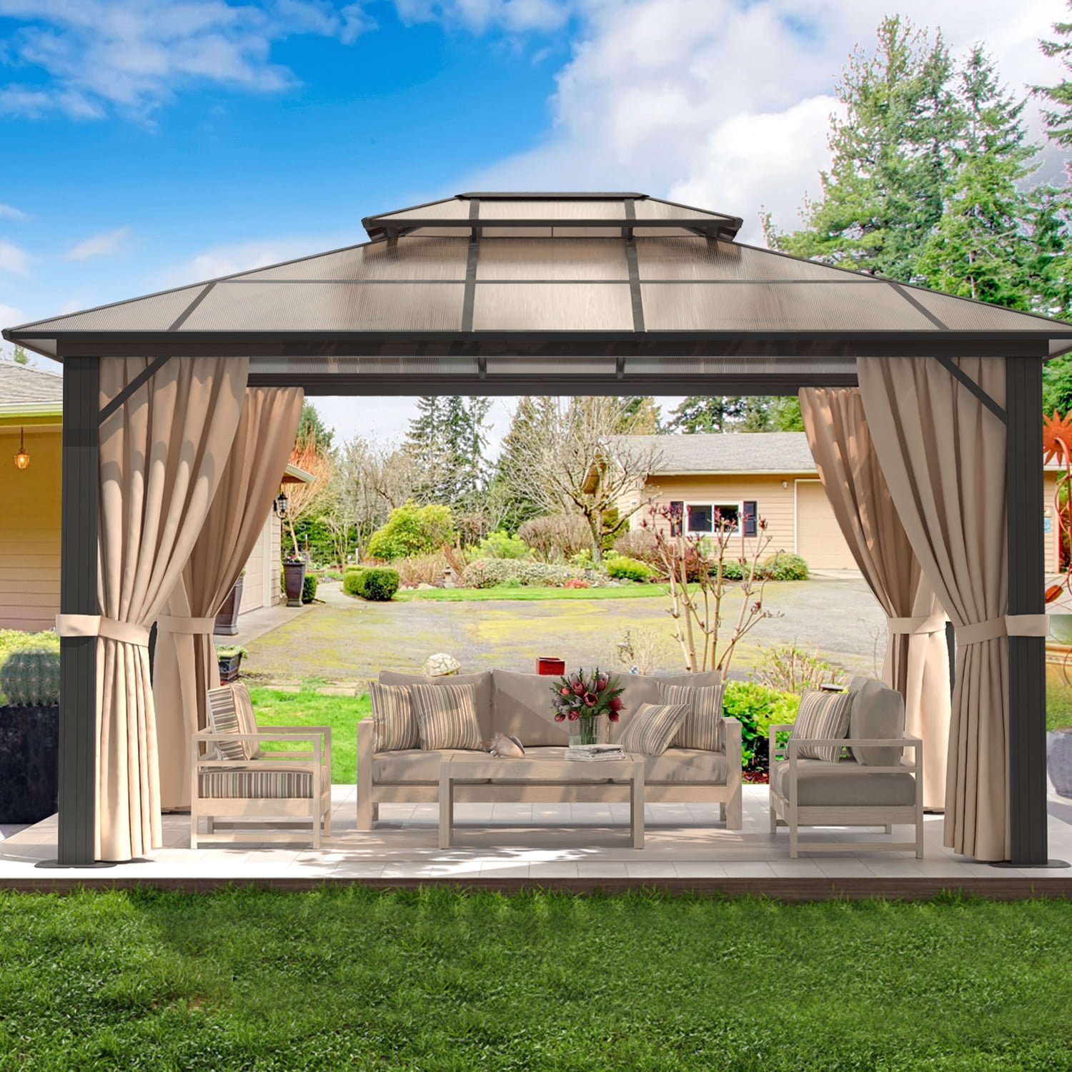 Aoxun 10'x13' Hardtop Gazebo, Outdoor Polycarbonate Double Roof Canopy ...