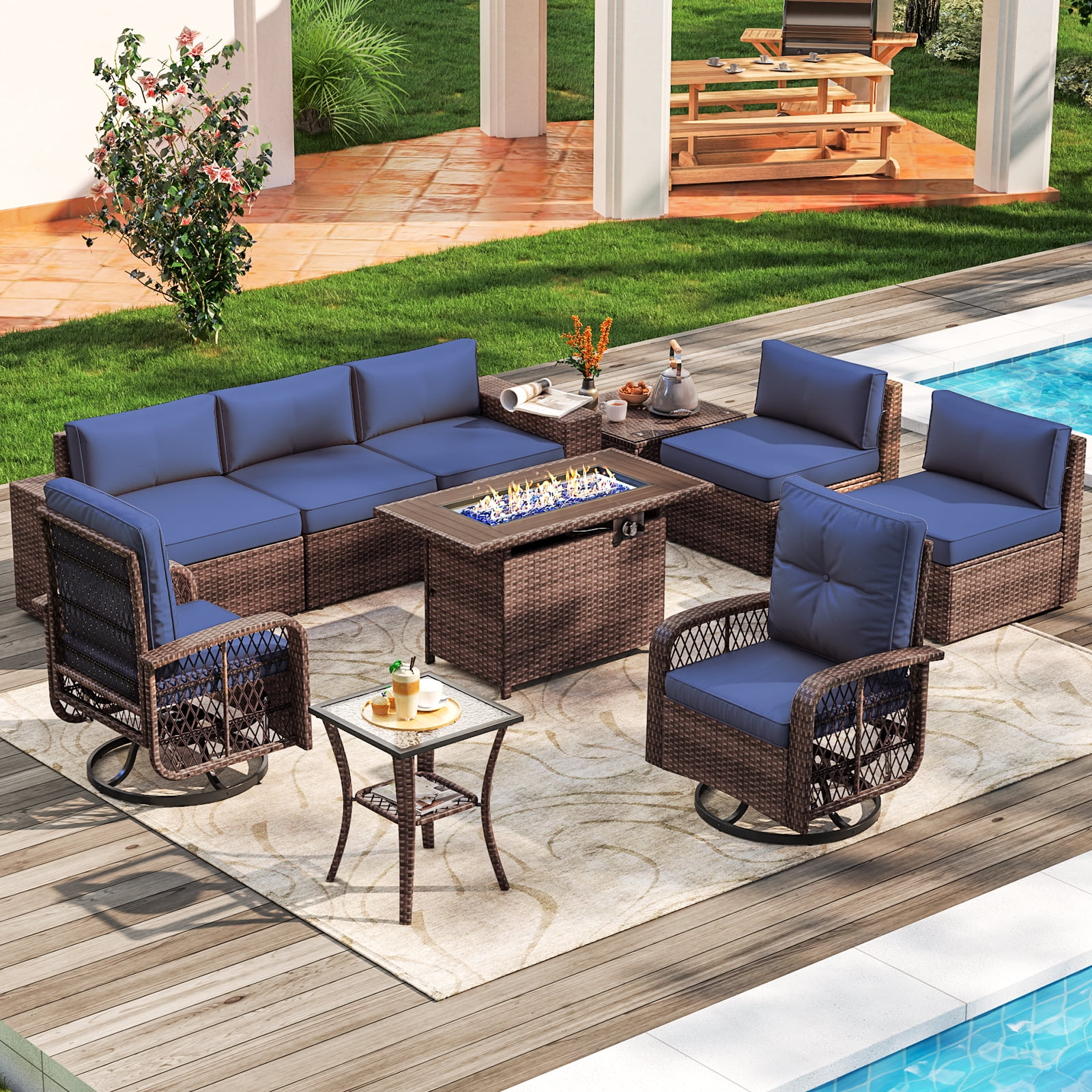 Aoxun 10pcs Patio Conversation Set with Fire Pit Table, PE Rattan Sofa ...
