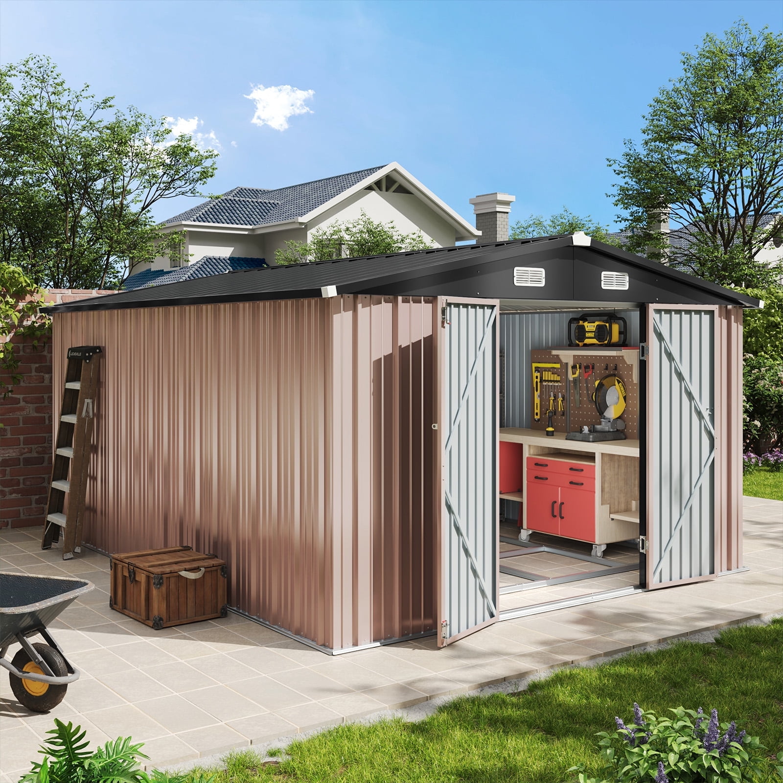 Aoxun 10x12 ft Outdoor Storage Shed, Steel Garden Shed, Brown(Base ...