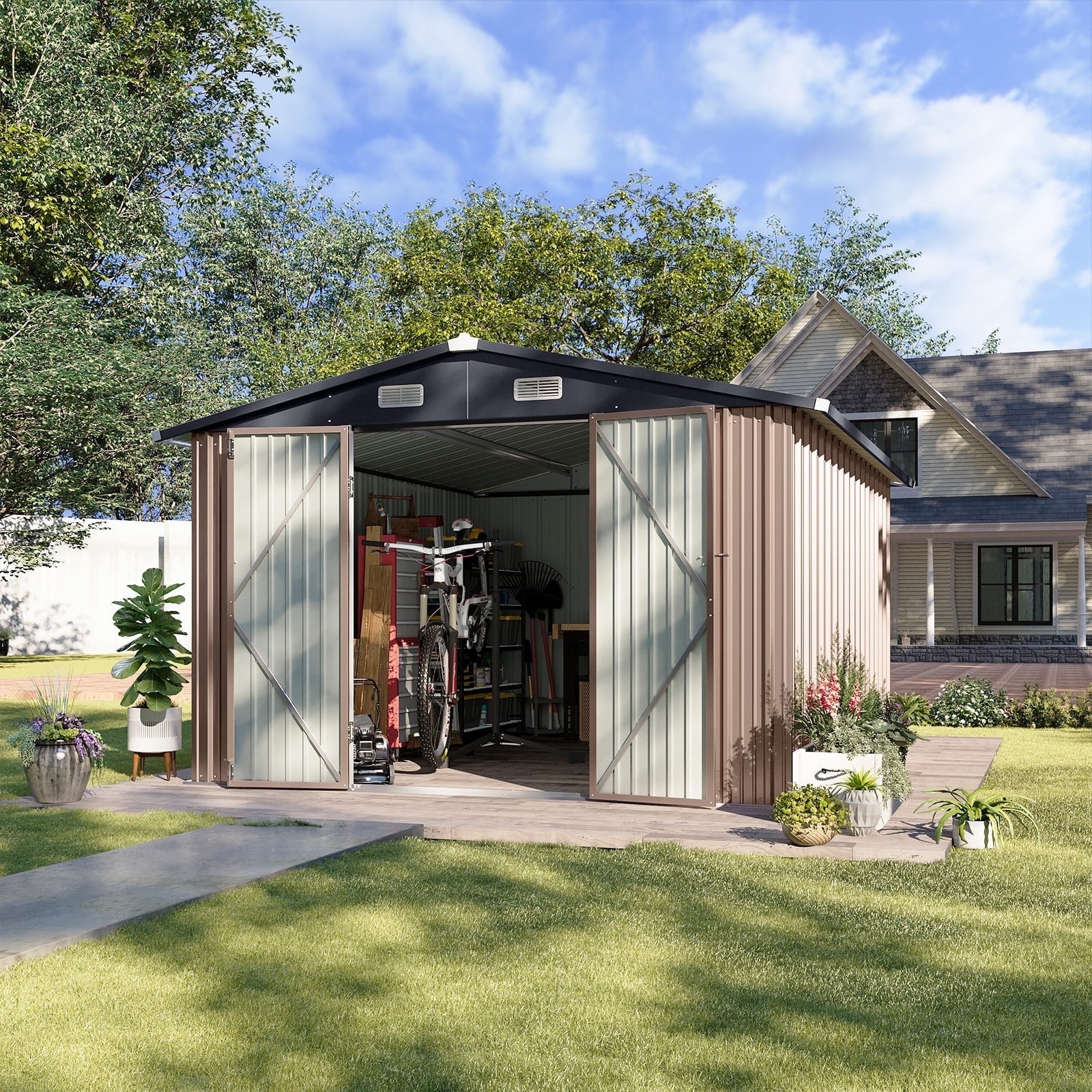 Aoxun 11.9x9.5 ft Outdoor Storage Shed, Galvanized Metal Shed with ...