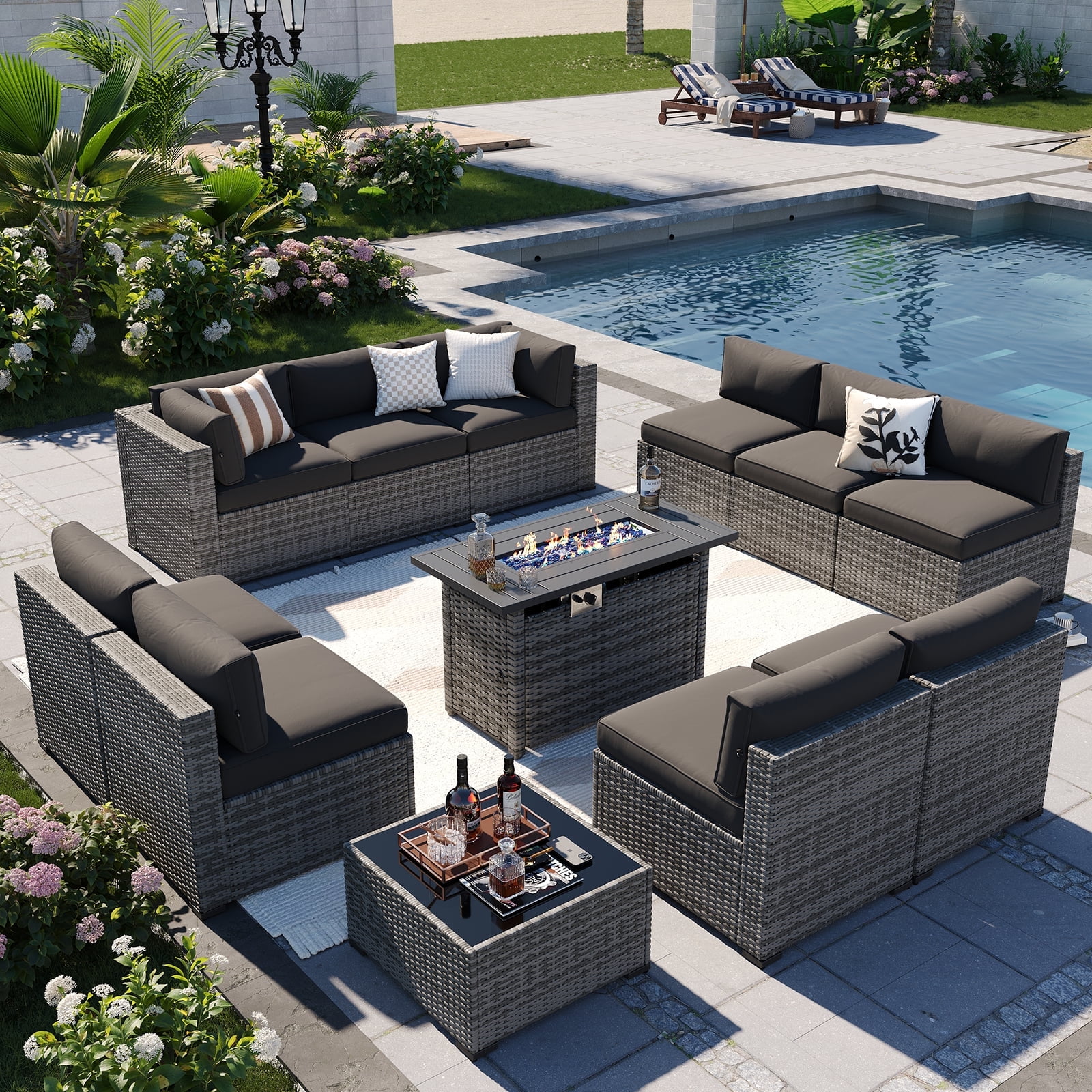 Aoxun 11 Piece Patio Furniture Set with 44” Fire Pit Table Wicker ...