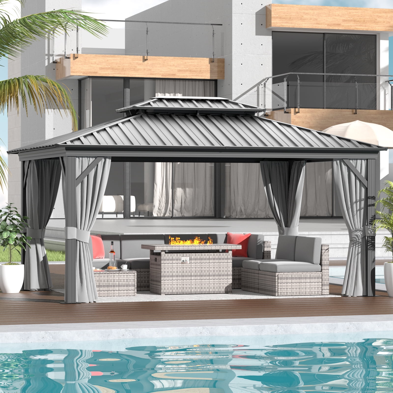 Aoxun 12 ft. x 16 ft. Outdoor Hardtop Gazebo, Galvanized Double Roof ...