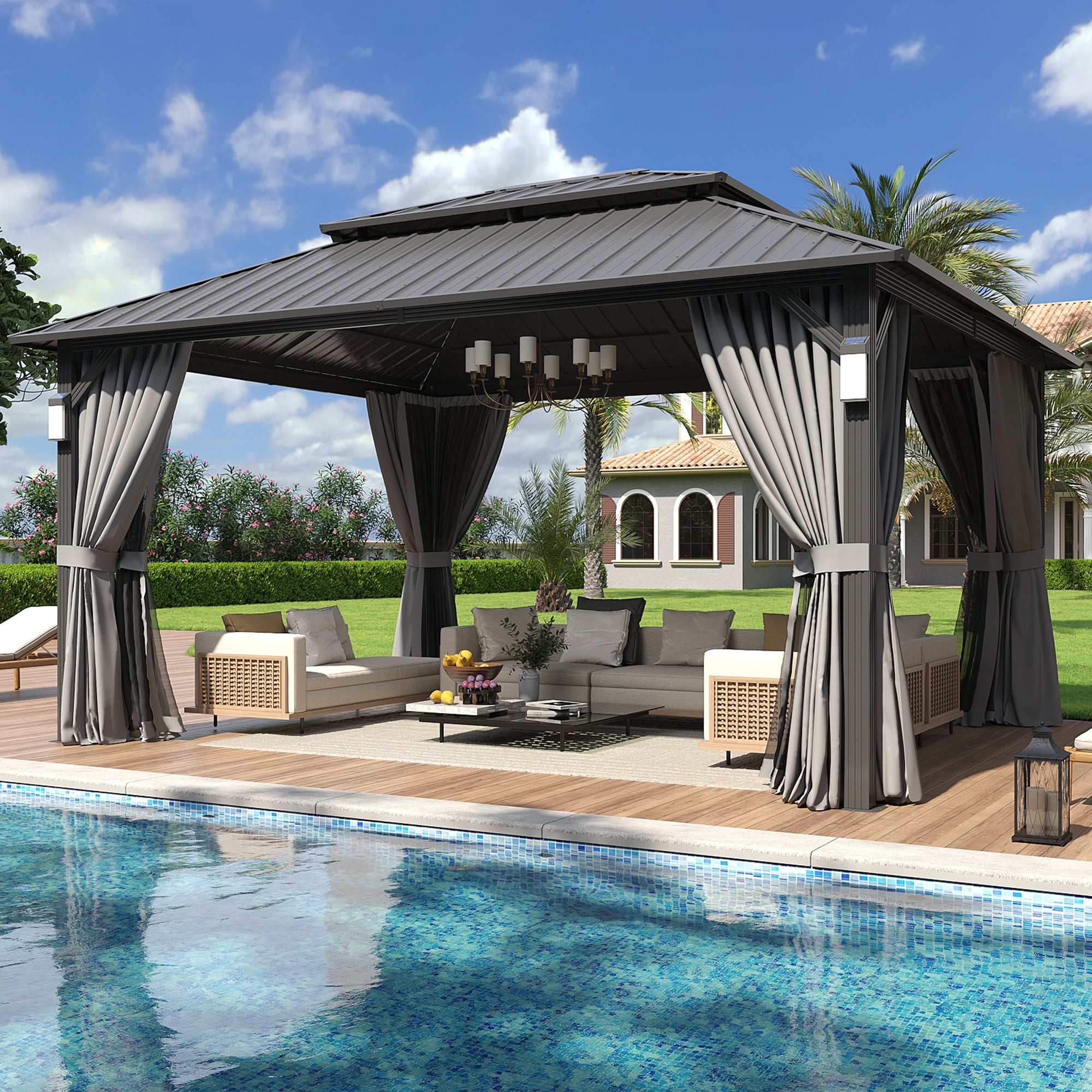 Aoxun 12'x14' Hardtop Gazebo with 4 LED Lights, Outdoor Gazebo with ...