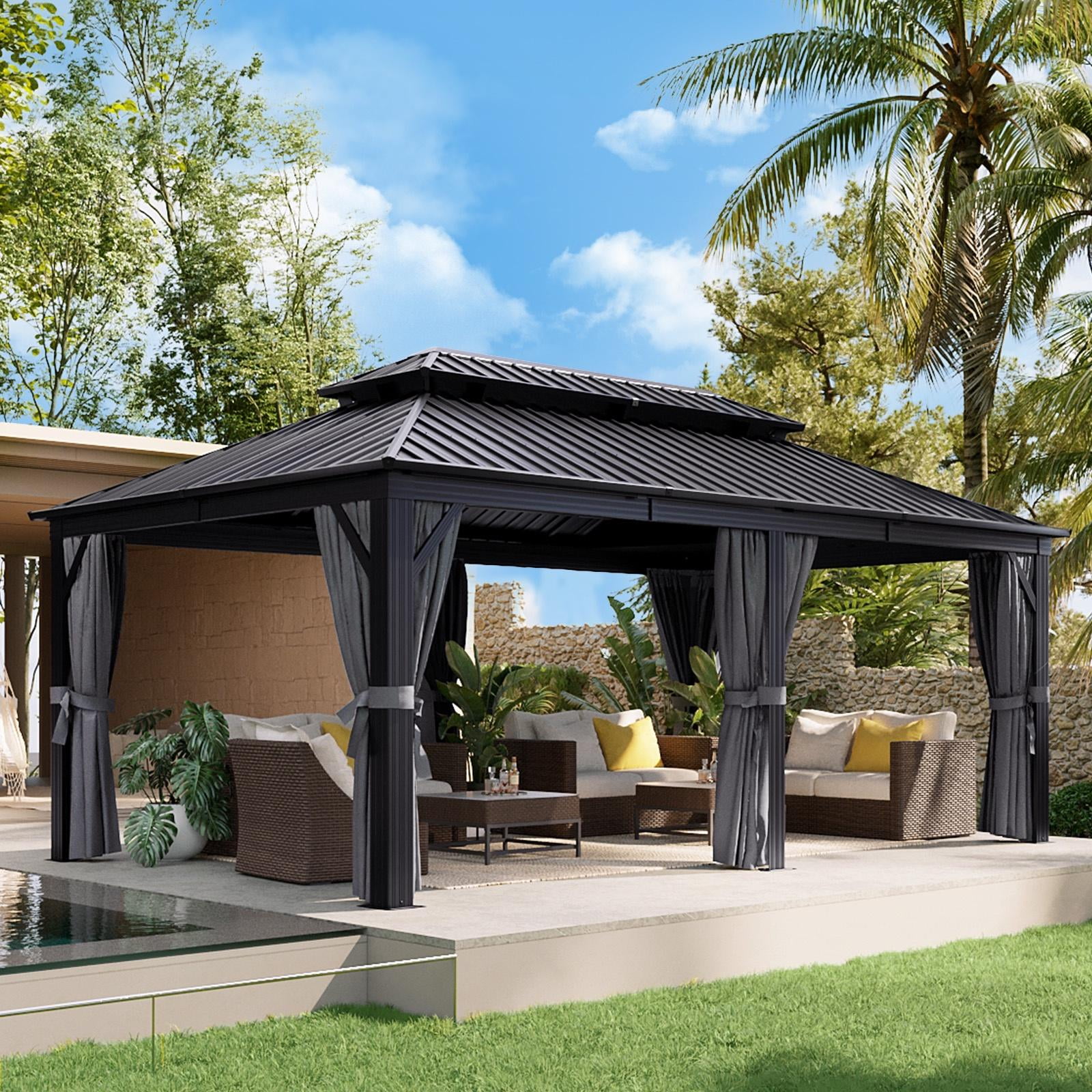 Aoxun 12x20 Metal Hard Cover Gazebo, Galvanized Steel Double Roof ...