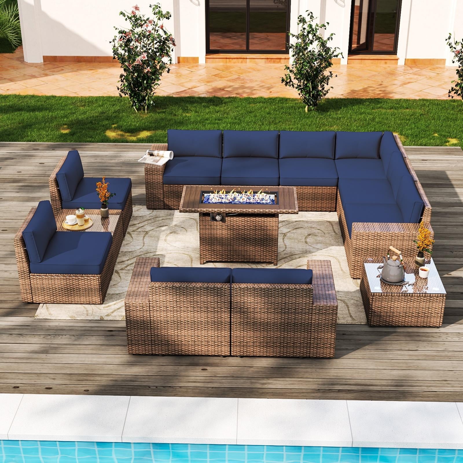 Aoxun 13pcs Outdoor Patio Furniture Set with Fire Pit, Wicker ...