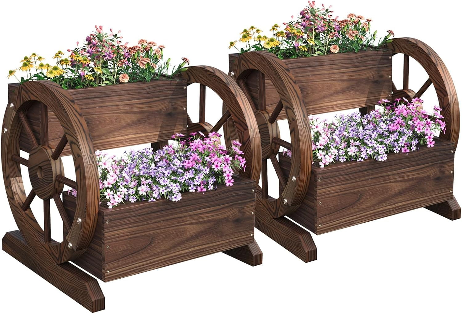 Aoxun 2 Pcs Wooden Wagon Planter Box, 2 Tier Planter for Outdoor Plants ...