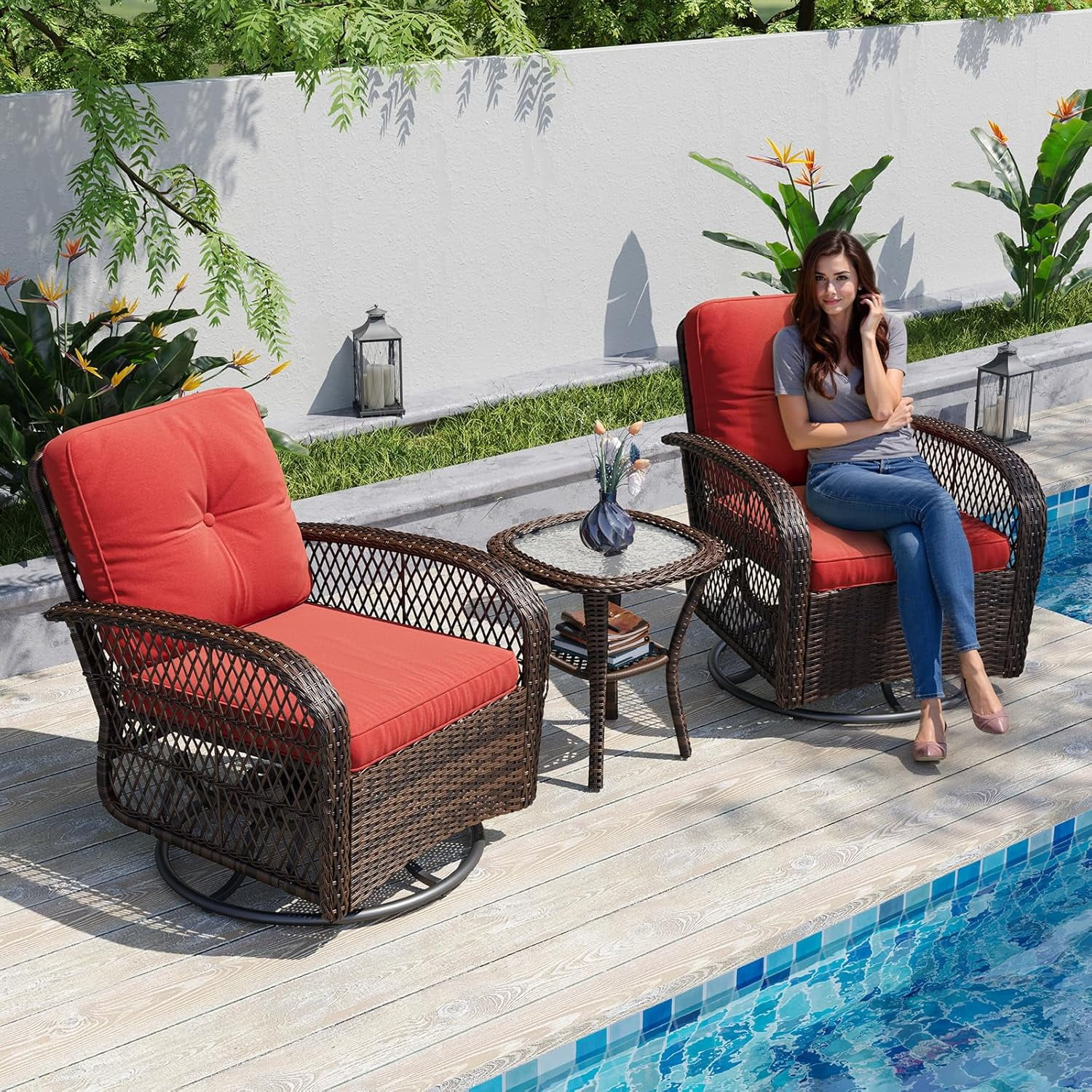 Aoxun 3 Pieces Patio Furniture Set, Patio Swivel Rocker Chairs Set of 2 ...