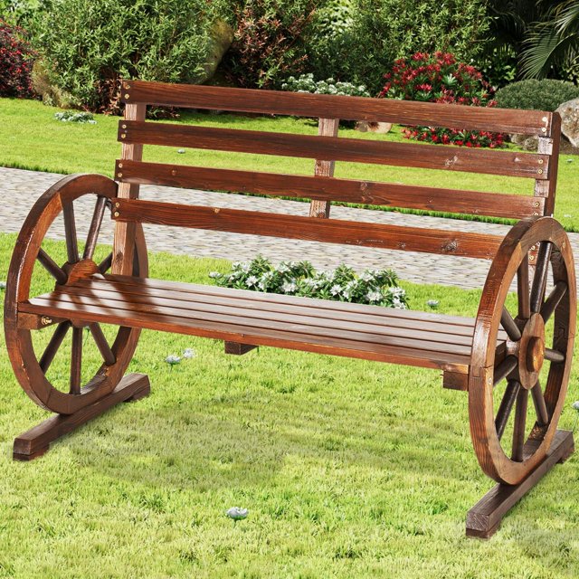 Aoxun 41'' Outdoor Garden Bench, Wooden Wagon Wheel Loveseat, Yard Park ...