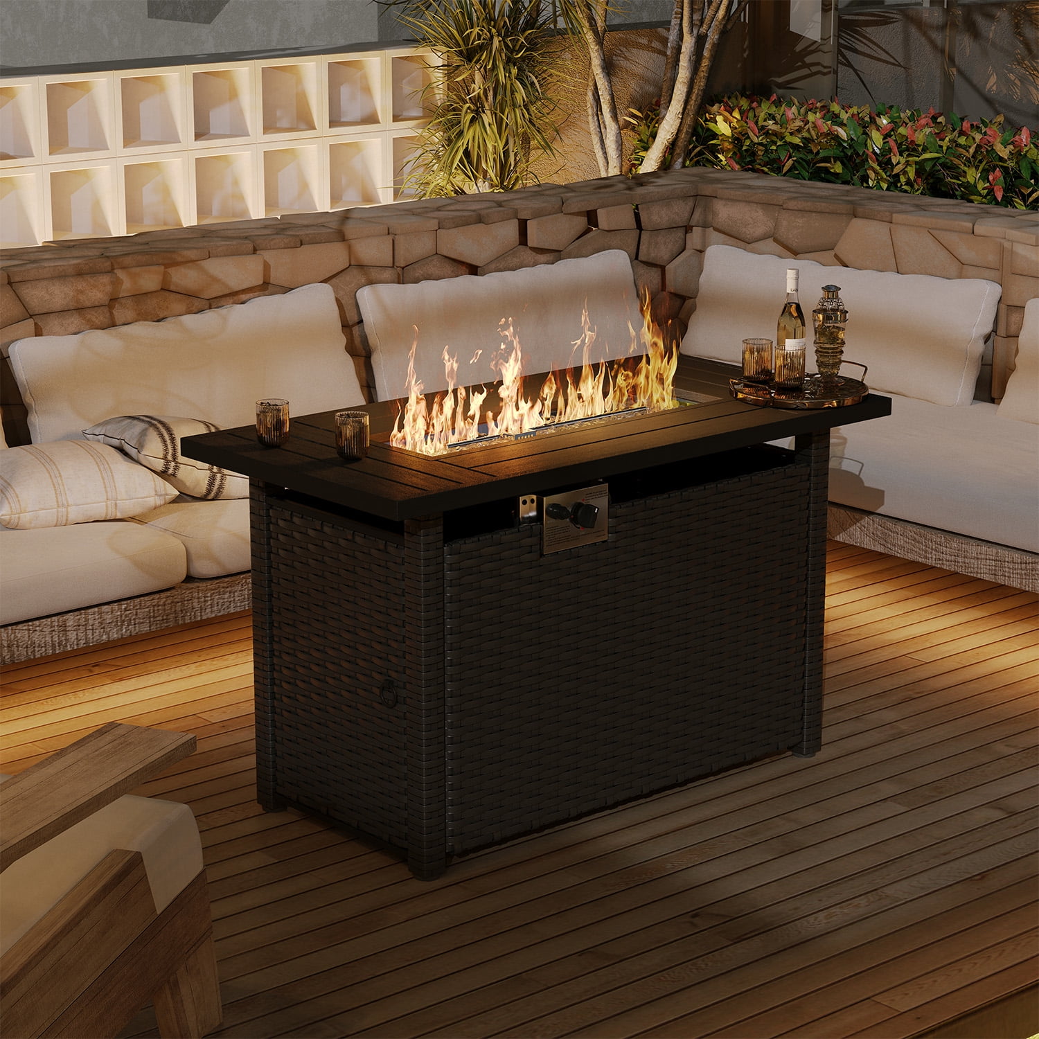 Aoxun 45" Outdoor Fire Table, 50,000 BTU Wicker Propane Fire Pit with ...