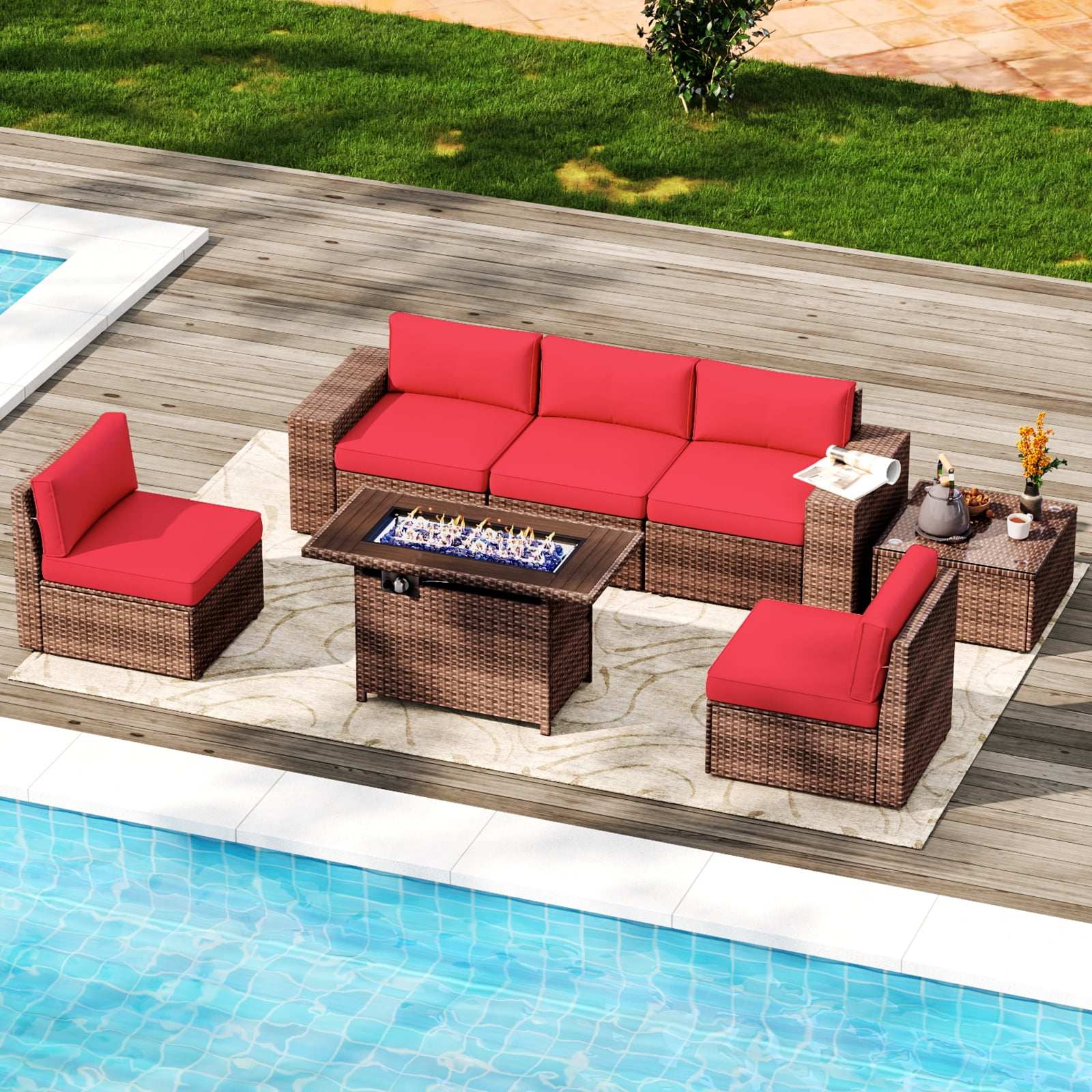 Aoxun 7pc Patio Set with 44'' Fire Pit, Outdoor Sofa, PE Rattan Set ...