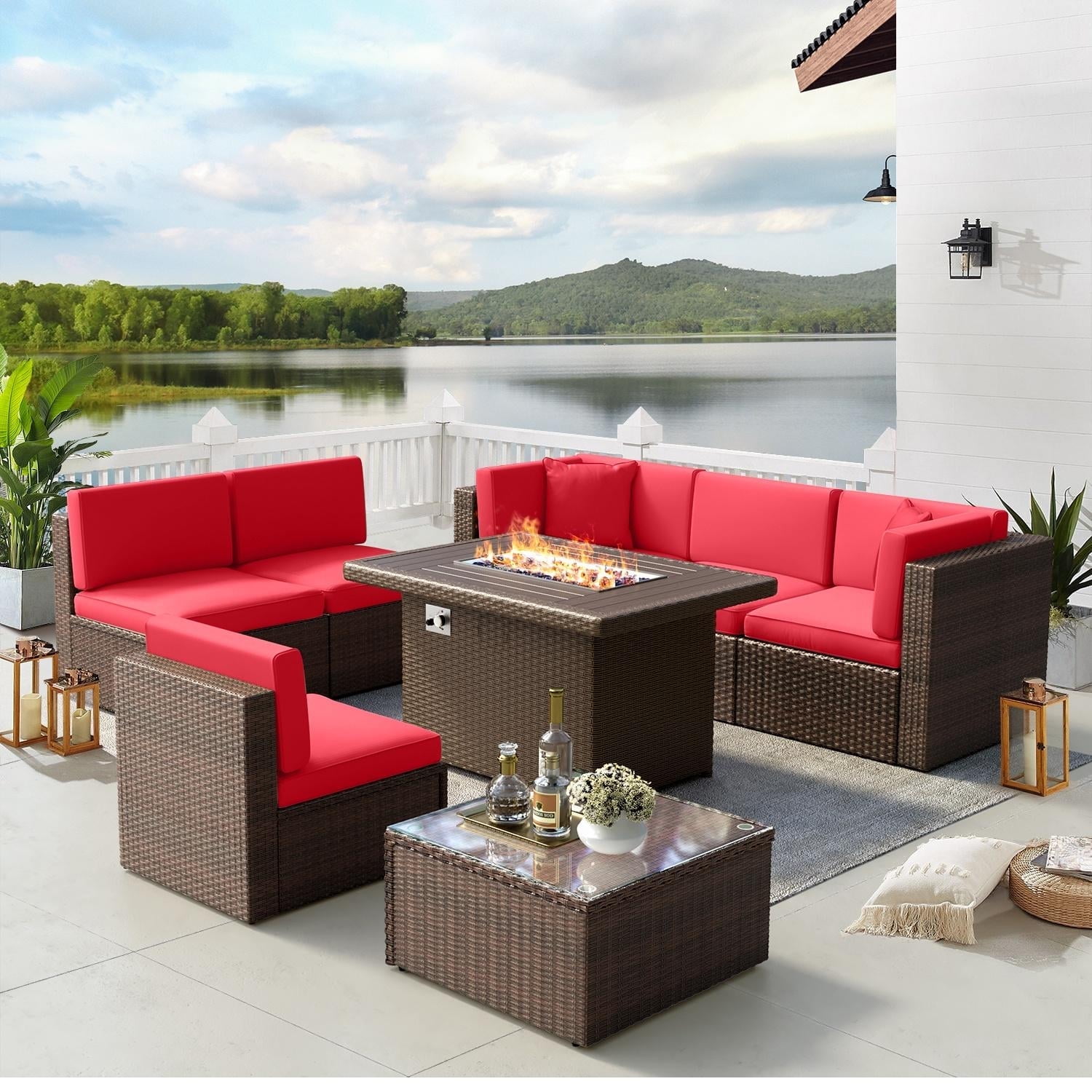Aoxun 8 PCS Outdoor Patio Furniture Set with Gas Fire Pit Sofa, Red ...